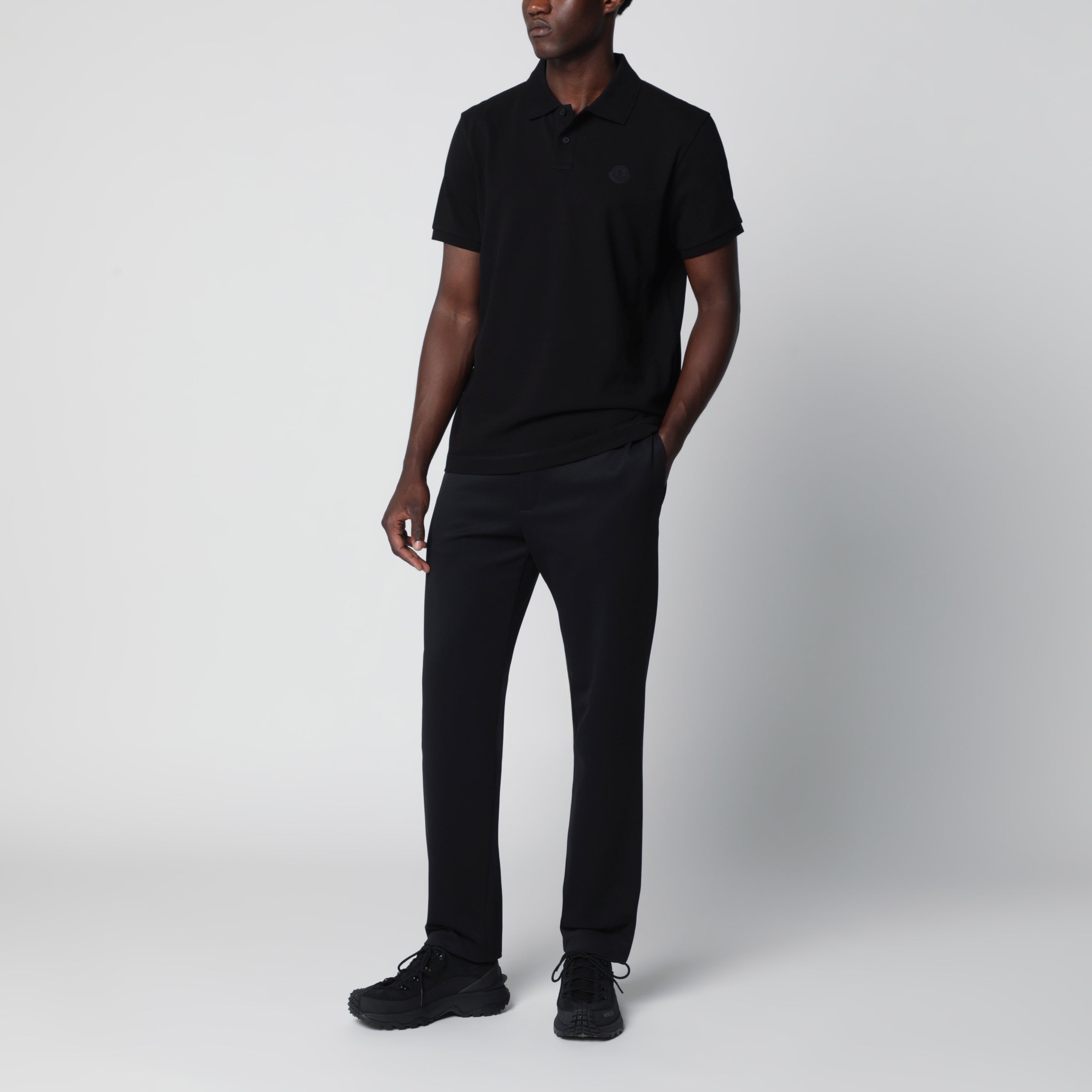 MONCLER Black cotton piqué polo shirt with logo patch