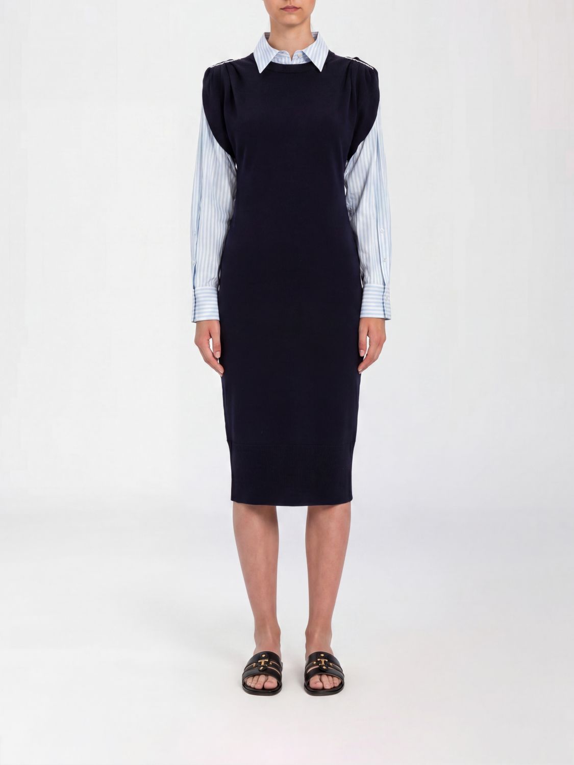 TWINSET Twinset Sleeveless Midi Dress with Striped Shirt Underlay