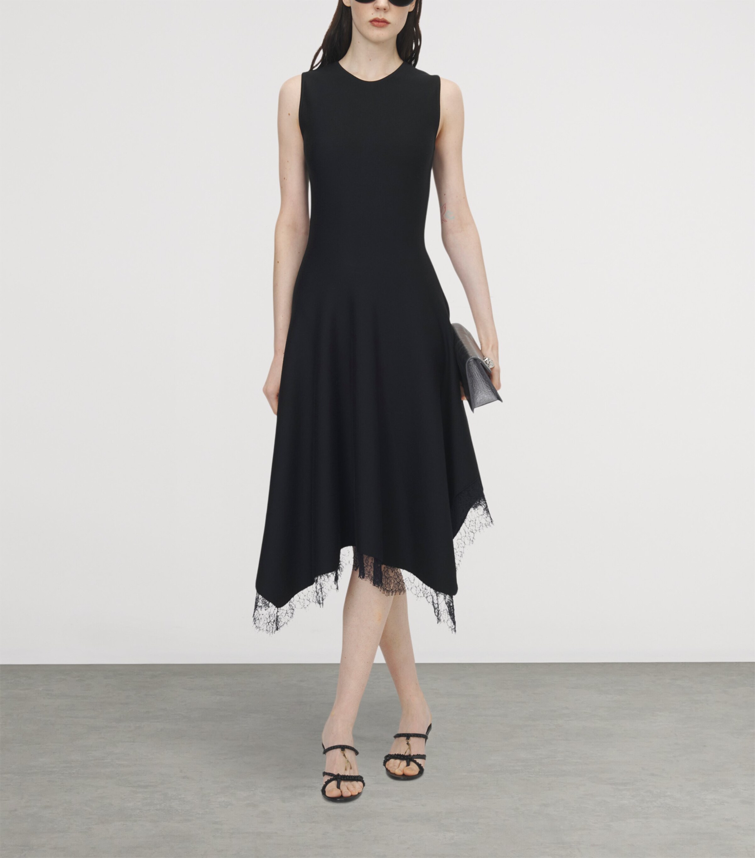 ALEXANDER MCQUEEN McQueen Sleeveless Lace-Trimmed Asymmetrical Midi Dress