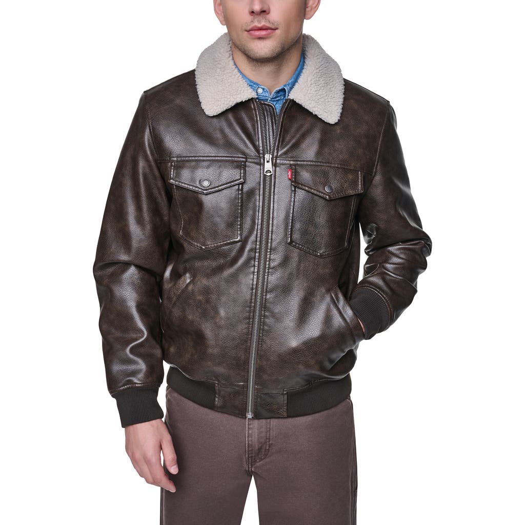 LEVI'S Faux Leather Bomber Jacket with Faux Shearling Collar