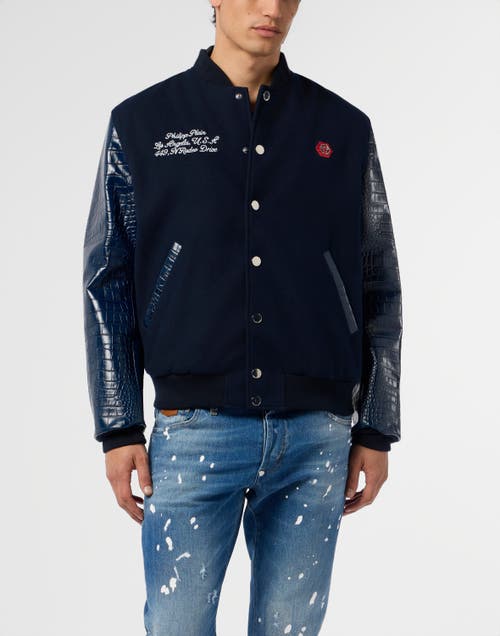 PHILIPP PLEIN Philipp Plein Varsity Bomber Jacket with Croco-Print Leather Sleeves