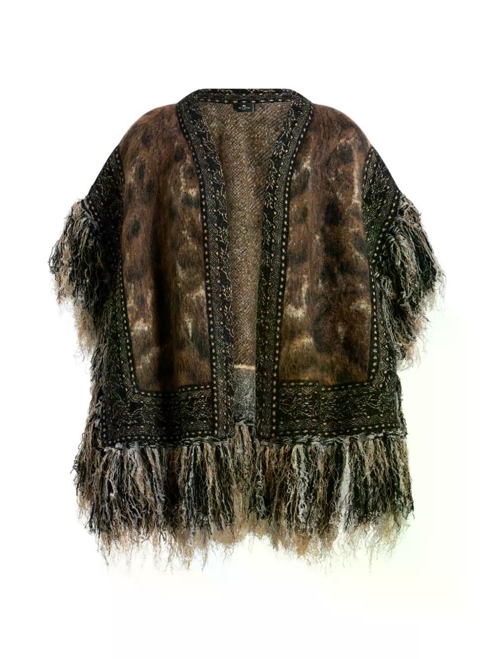 ETRO Etro Mohair-Blend Jacquard Cape with Leopard Motif and Fringing
