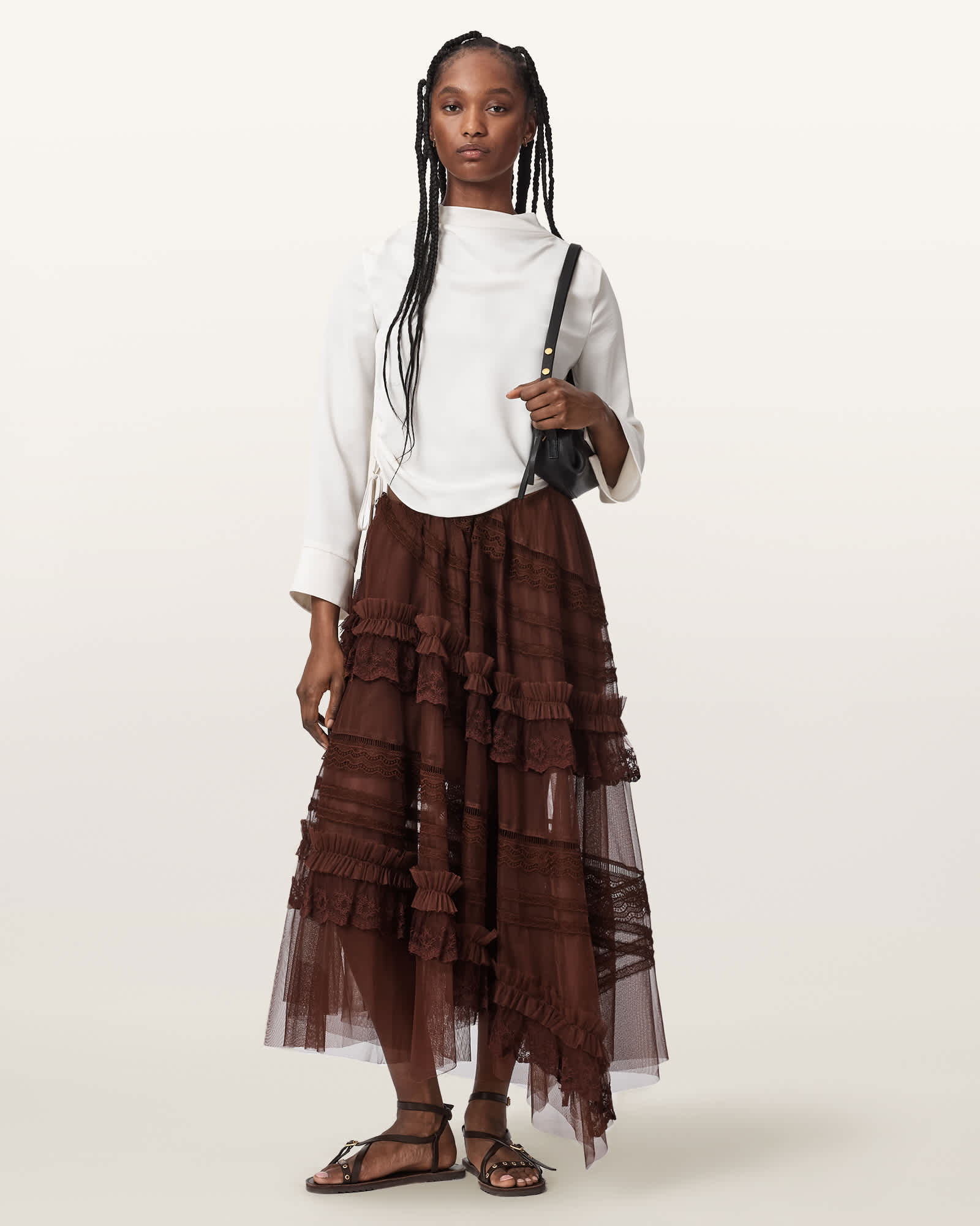 ALLSAINTS AllSaints Jen Tiered Lace Textile Midi Skirt