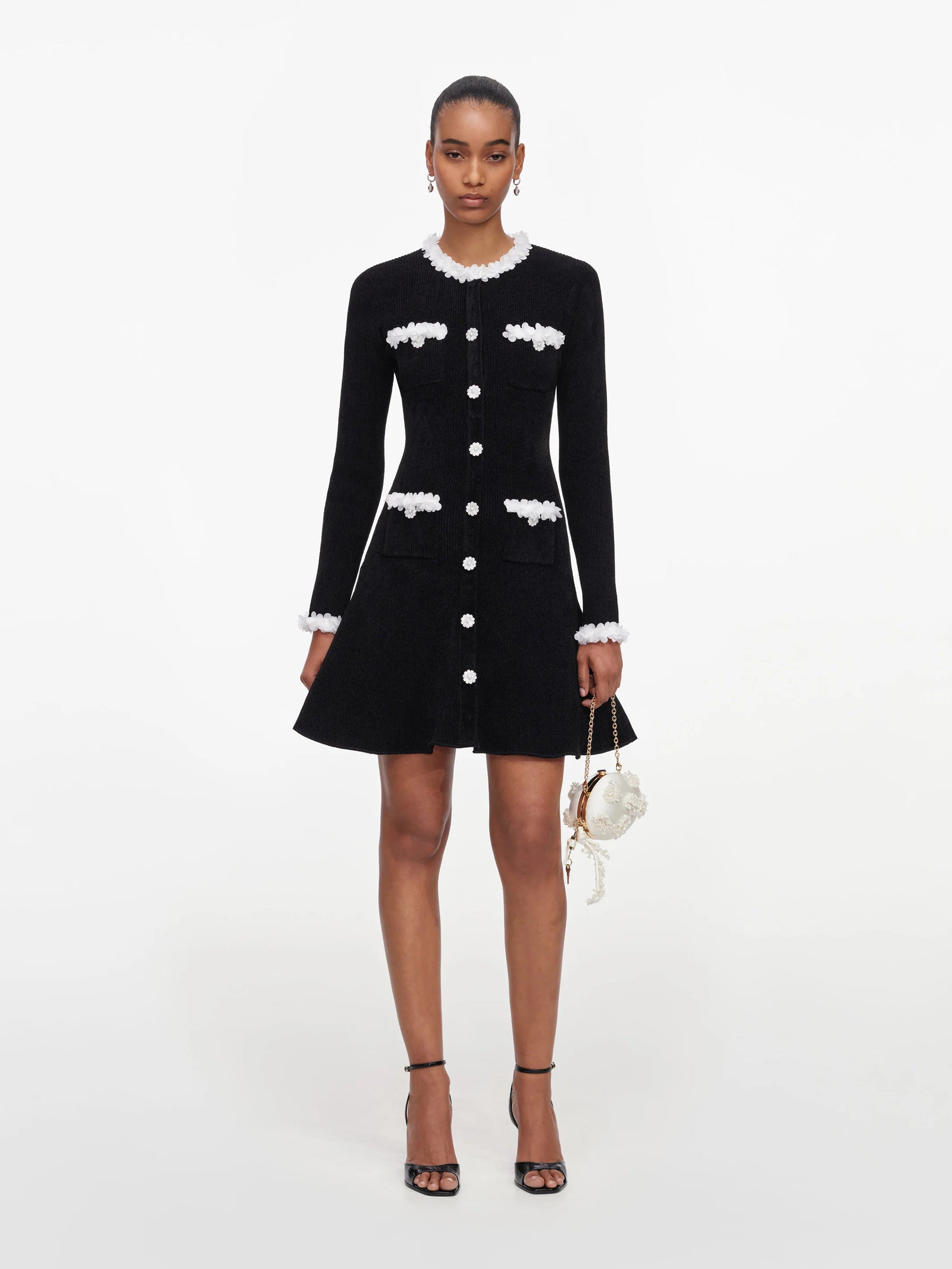 SELF-PORTRAIT SELF-PORTRAIT Button-Front Dress with Floral Trim
