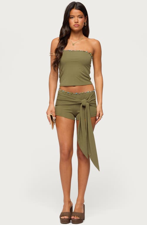 EDIKTED Monroah Beaded Low Rise Tie Waist Shorts