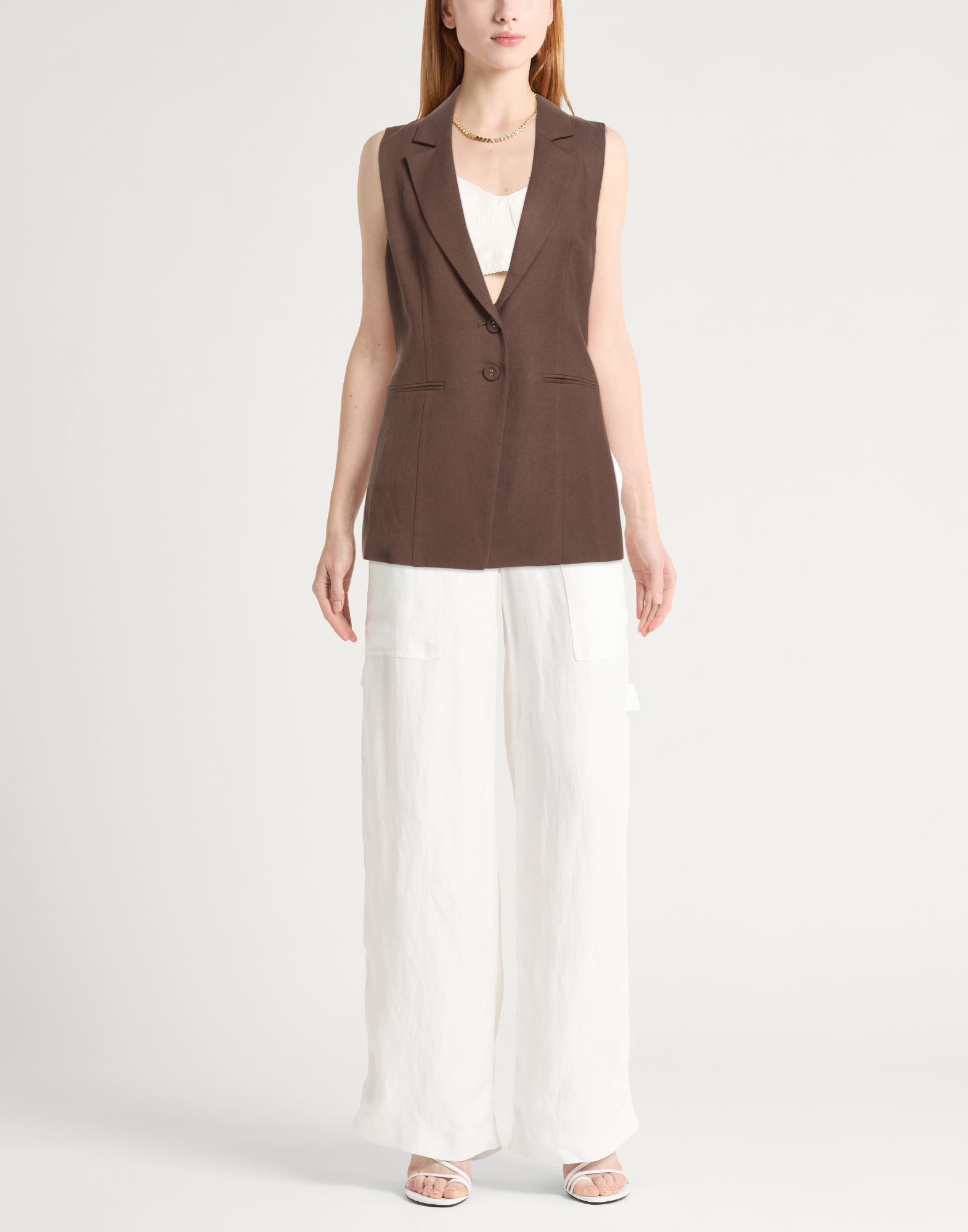PATRIZIA PEPE Patrizia Pepe Chocolate Viscose and Linen Essential Sleeveless Blazer