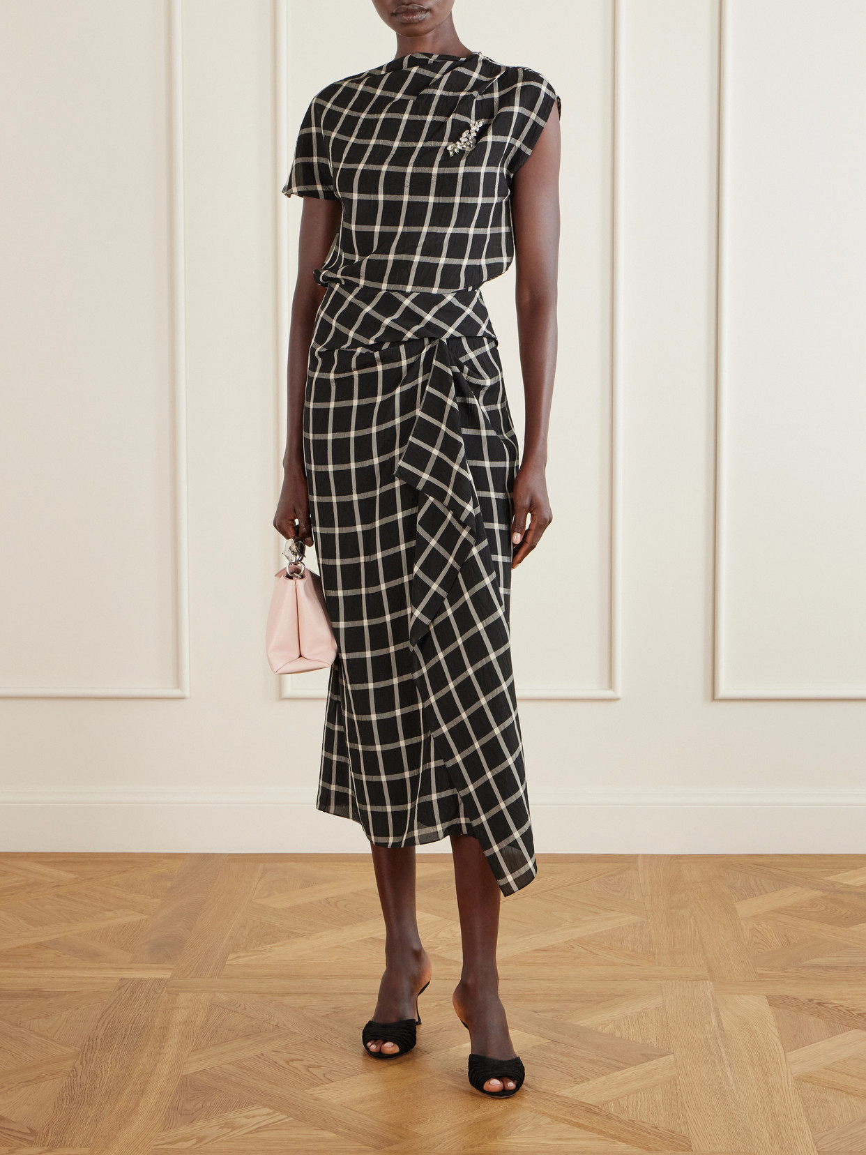ERDEM Erdem Checked Crinkled-Satin Midi Skirt
