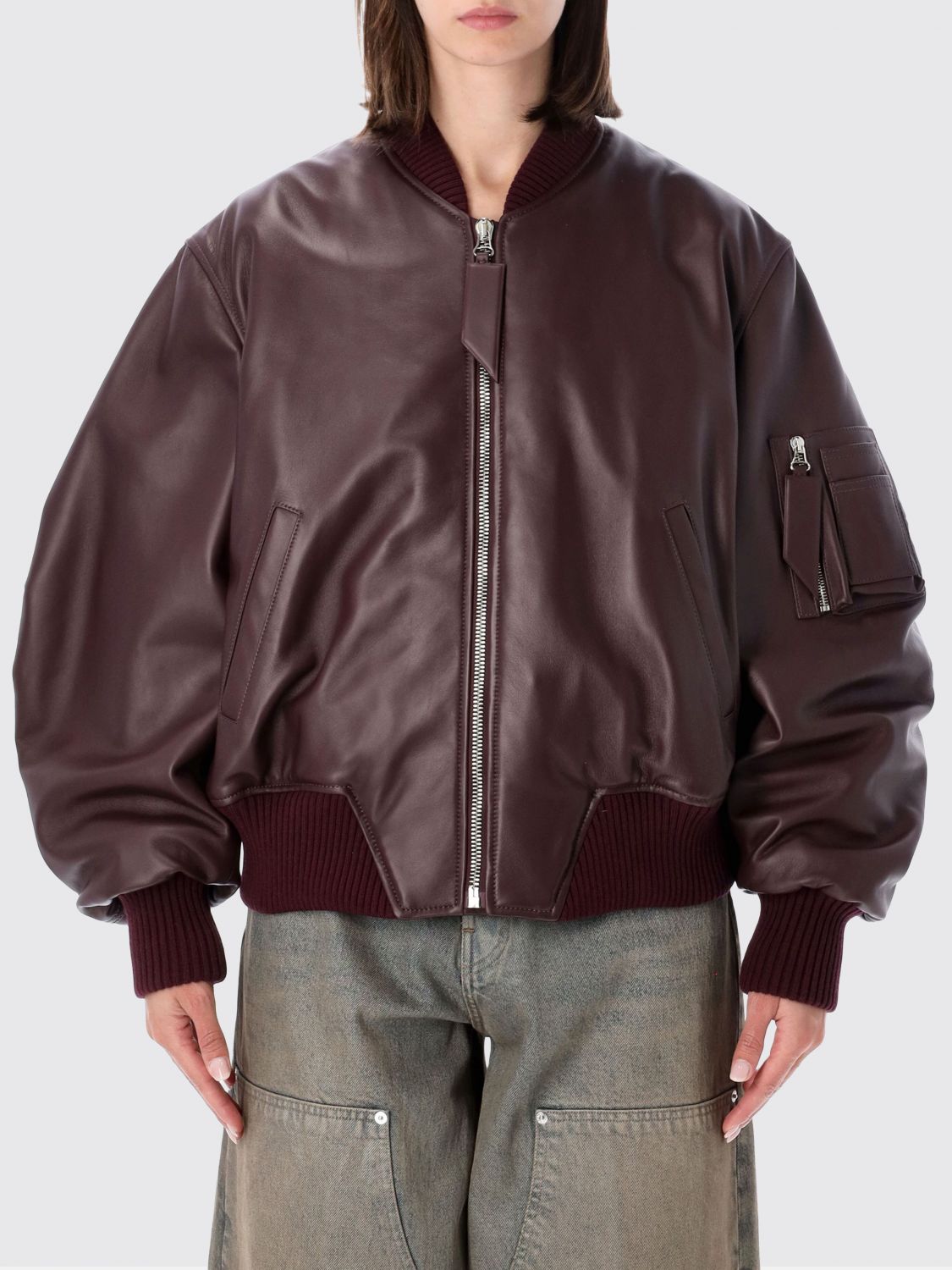 ATTICO The Attico Oversized Leather Bomber Jacket with Dropped Shoulders
