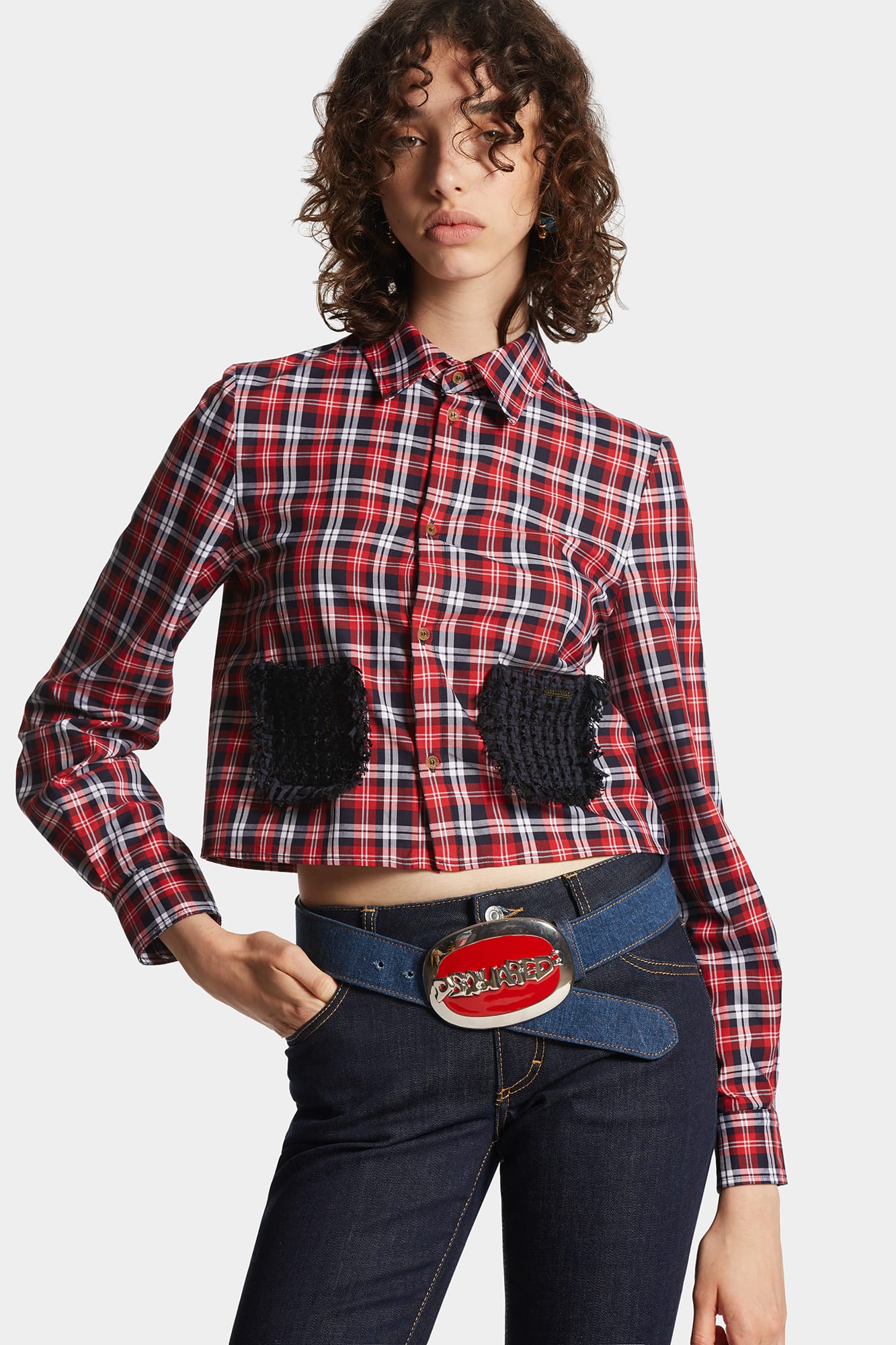 DSQUARED2 Dsquared2 Cropped Check Shirt with Bouclé Pockets