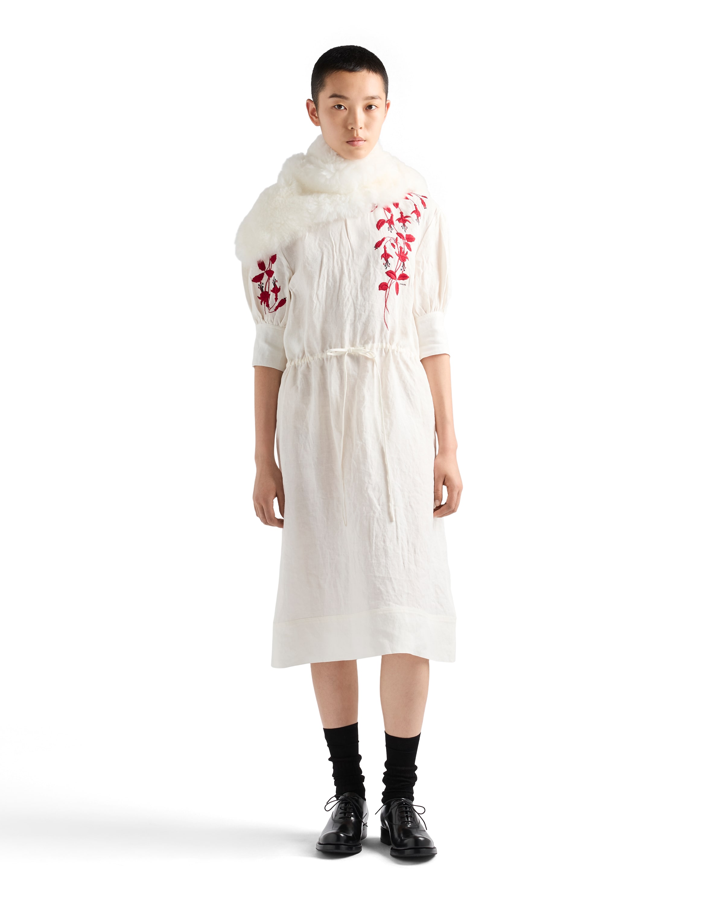 PRADA Prada Embroidered Slubbed Fabric Dress with Band Collar