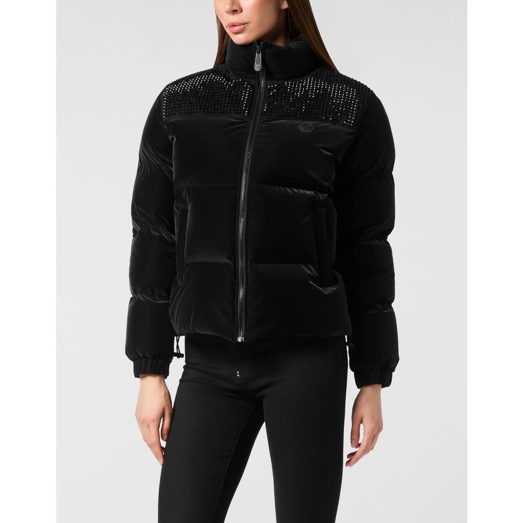 PHILIPP PLEIN PHILIPP PLEIN Nylon and Suede Puffer Jacket with Rhinestone Embellishments