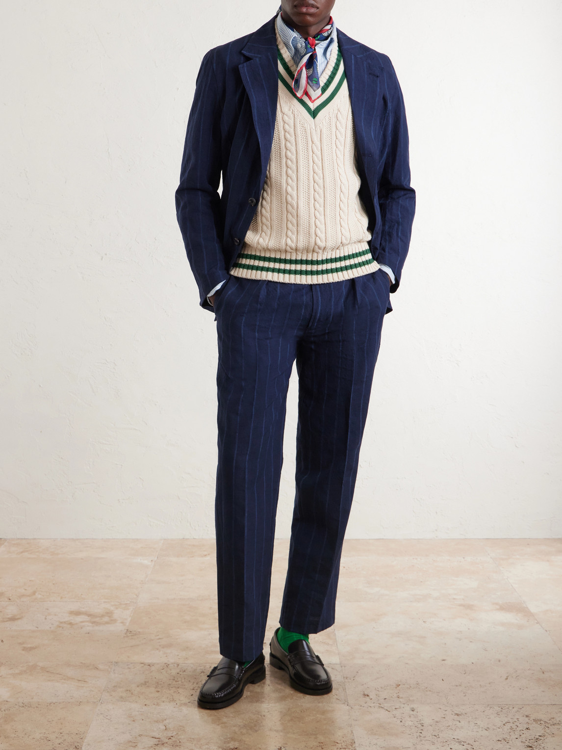 DRAKE'S Drake's Games Straight-Leg Pinstriped Cotton and Linen-Blend Suit Trousers