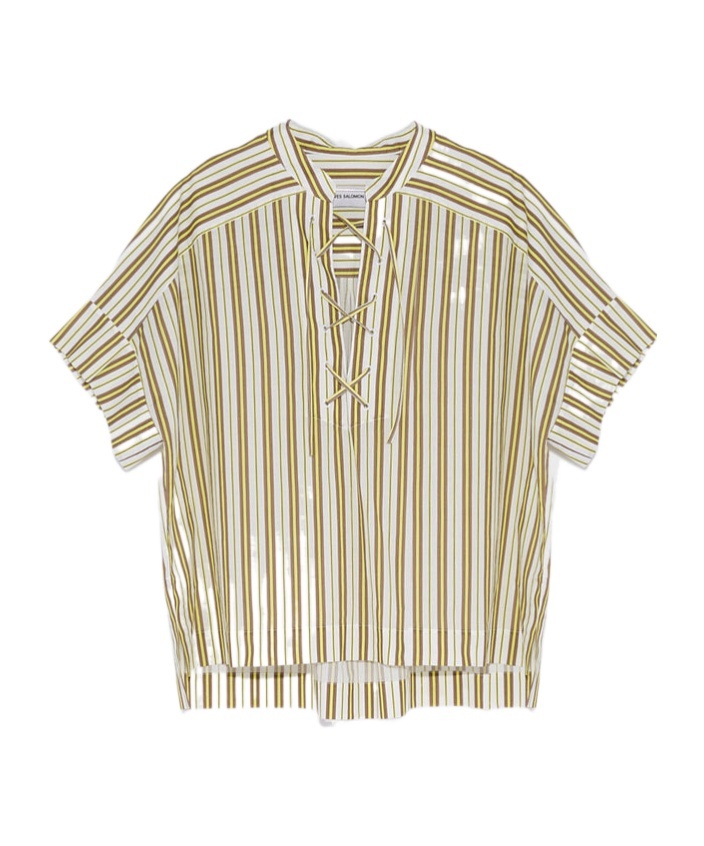 YVES SALOMON Yves Salomon Striped Short Sleeve Shirt with Neckline Tie