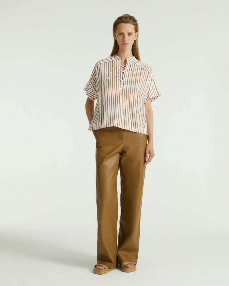 YVES SALOMON Yves Salomon Striped Short Sleeve Shirt with Neckline Tie