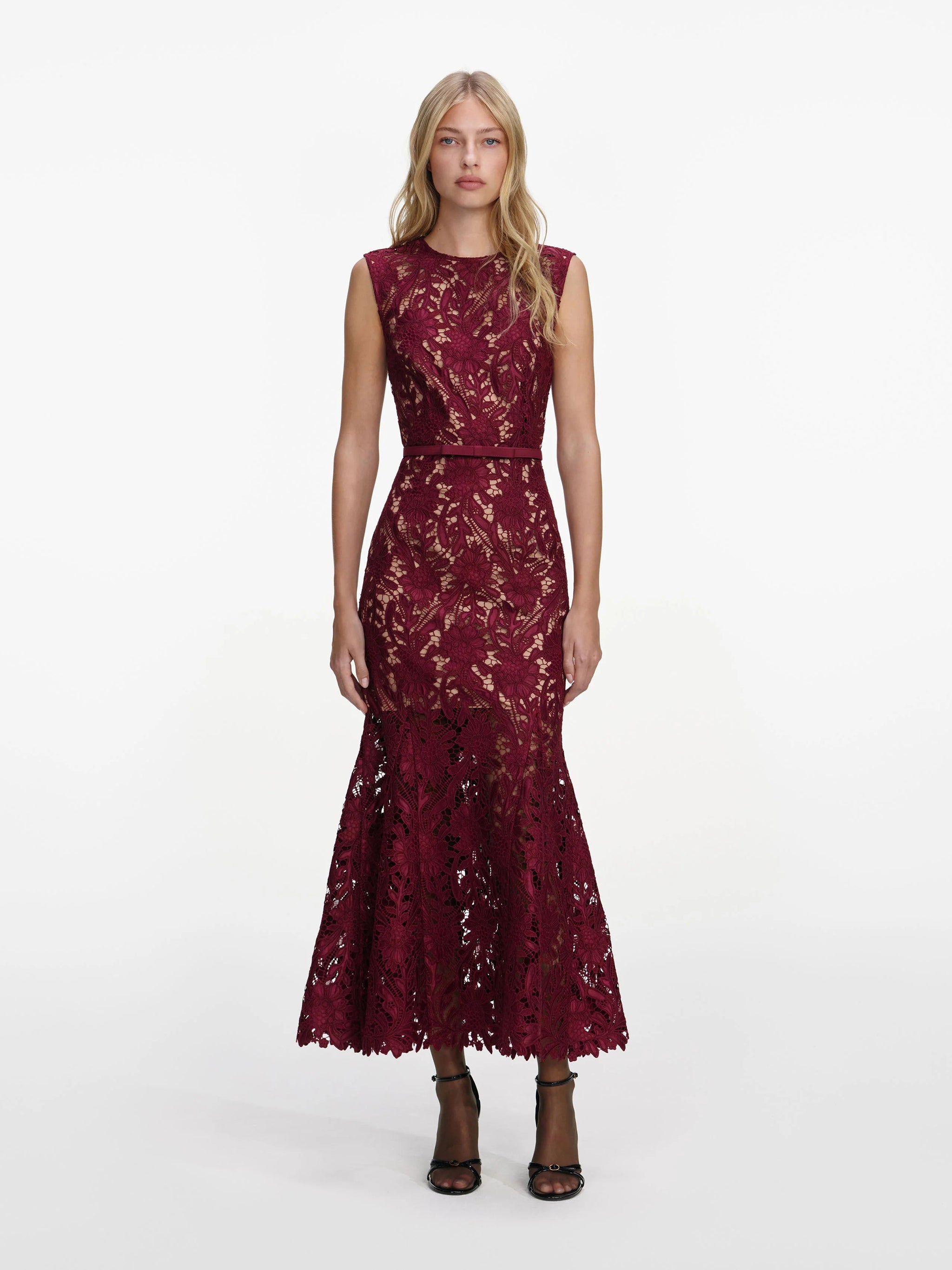 SELF-PORTRAIT SELF-PORTRAIT Lace Midi Dress with Removable Belt