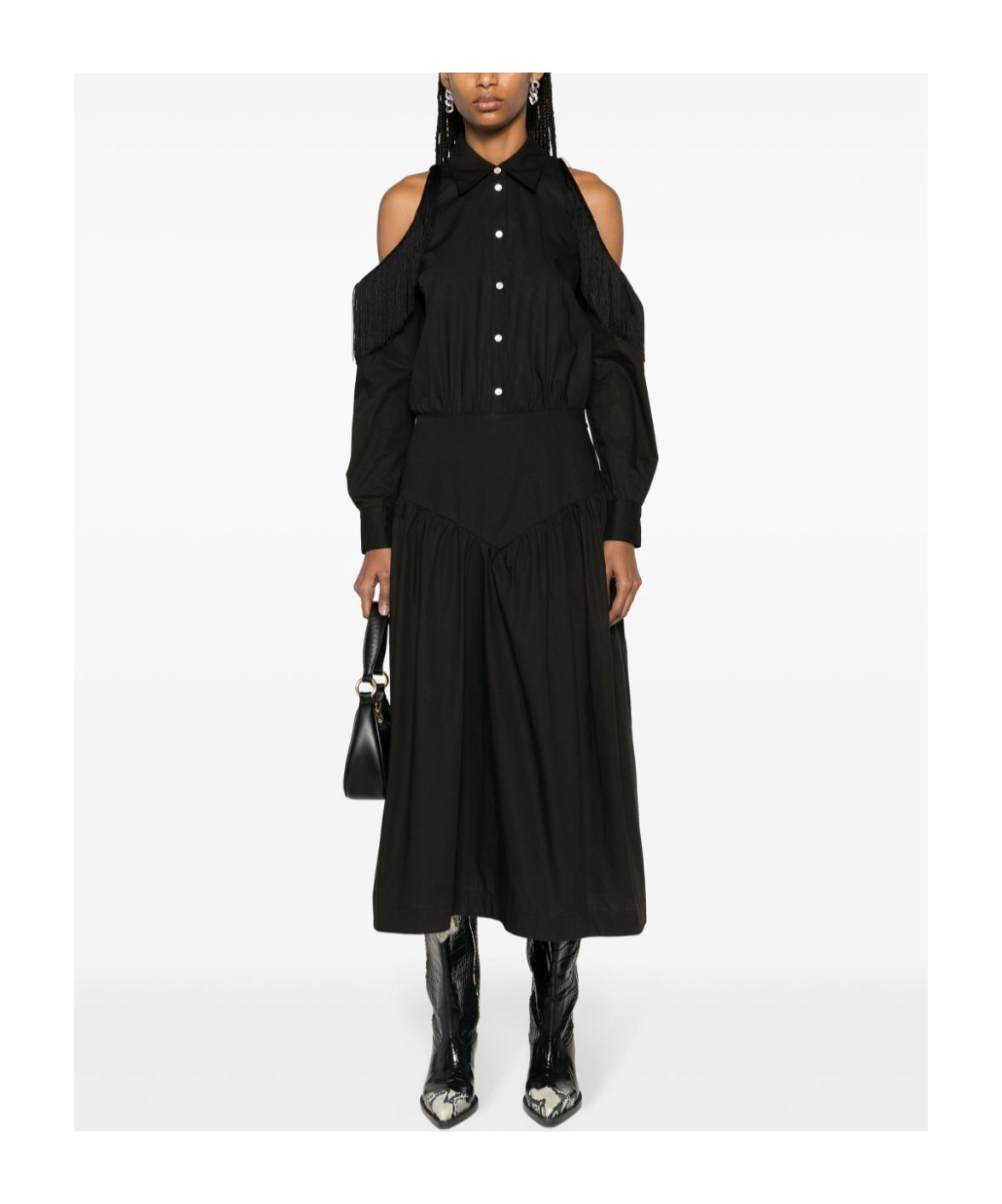 PINKO Pinko Fringed Cold Shoulder Midi Shirt Dress