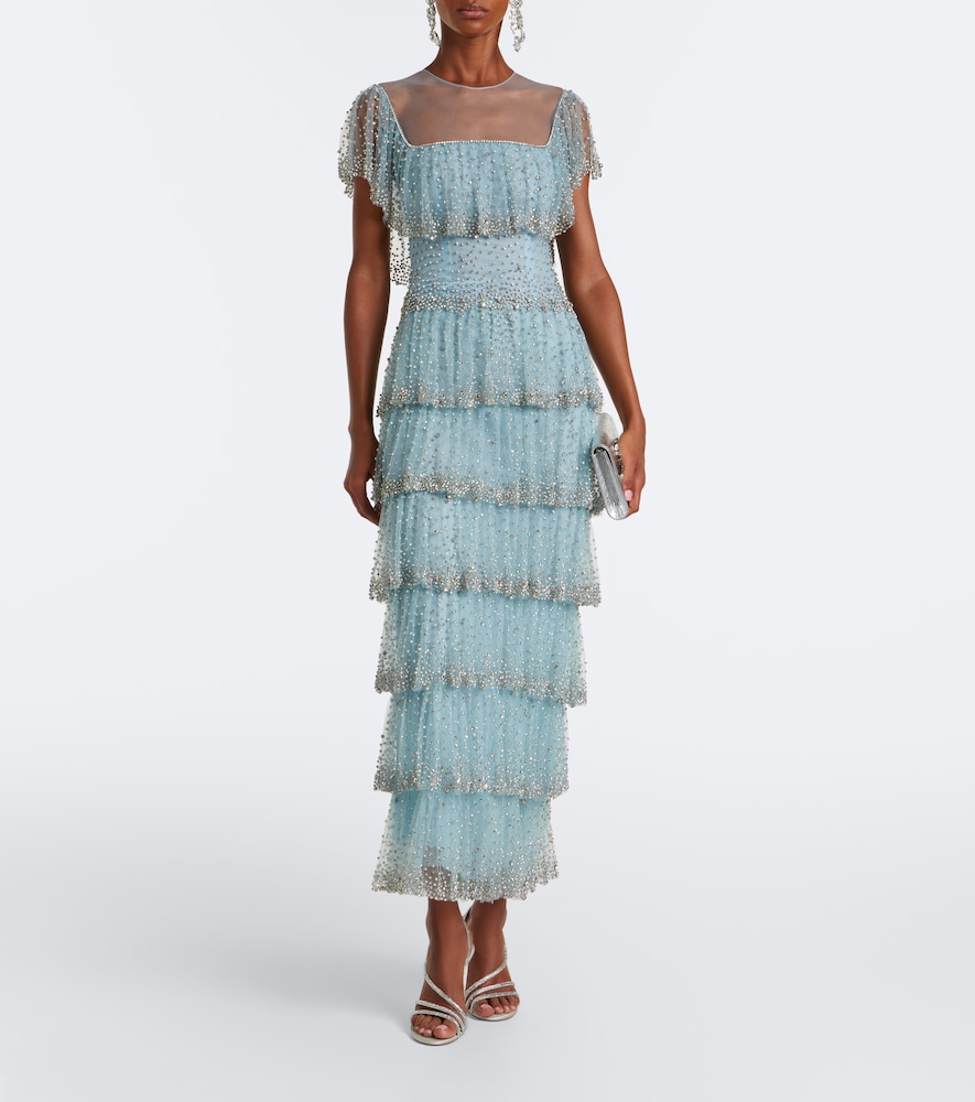 COSTARELLOS Costarellos Crystal-Embellished Tiered Tulle Gown