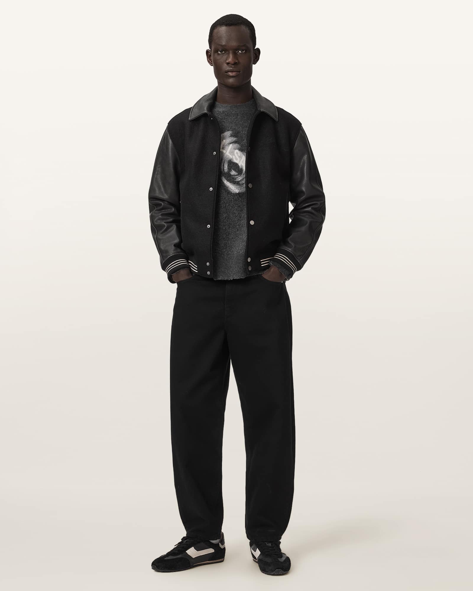 ALLSAINTS AllSaints Vanson Wool Bomber Jacket with Leather Collar and Striped Trims