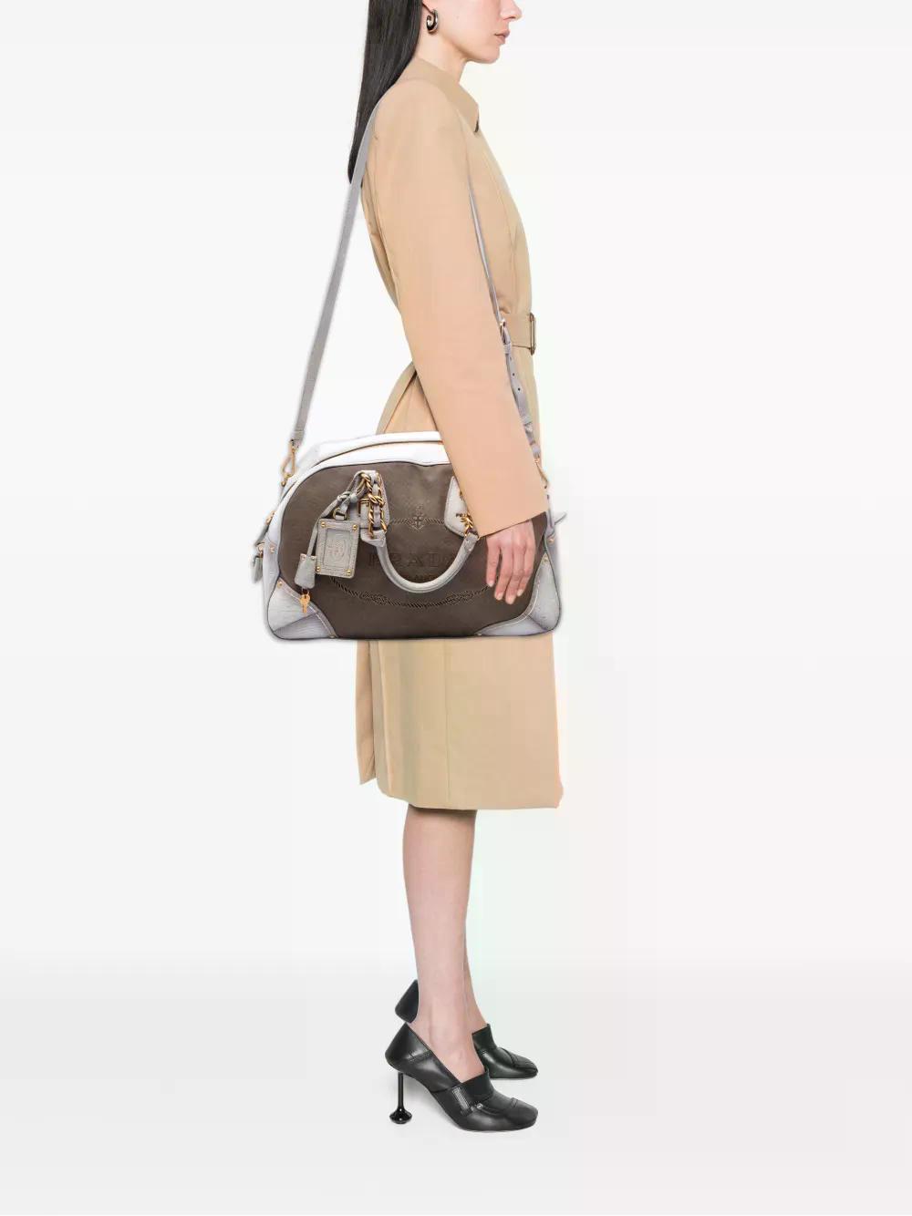 PRADA Prada Leather Trimmed Canvas Logo Fringe Bauletto Bag Satchel