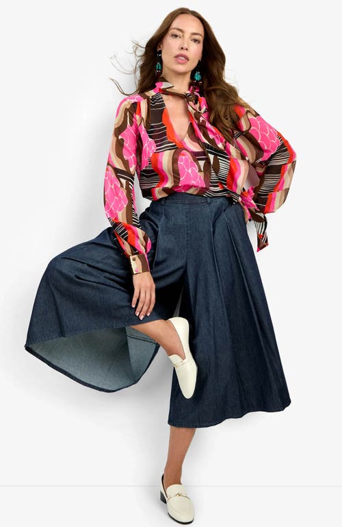 TRINA TURK Trina Turk Pienza Printed V-Neck Tie Neck Long Sleeve Blouse