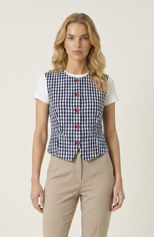 MODENAIRE Modenaire Sleeveless Gingham Button Front Top with Waist Tie