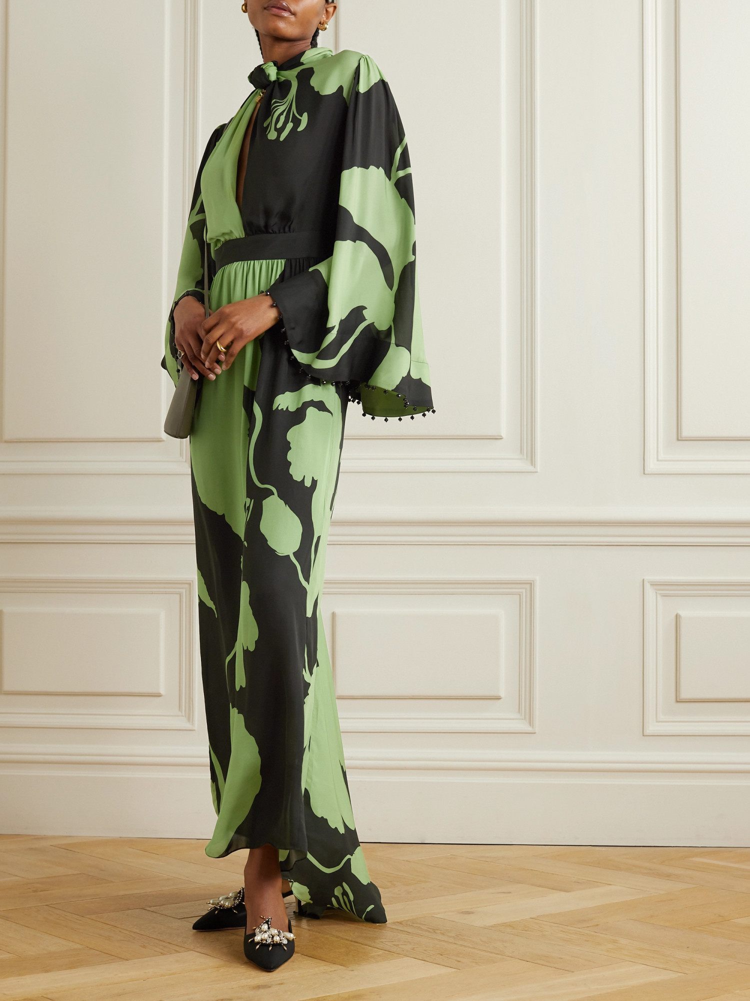 JOHANNA ORTIZ Johanna Ortiz Printed Silk Maxi Dress with Beaded Cuffs