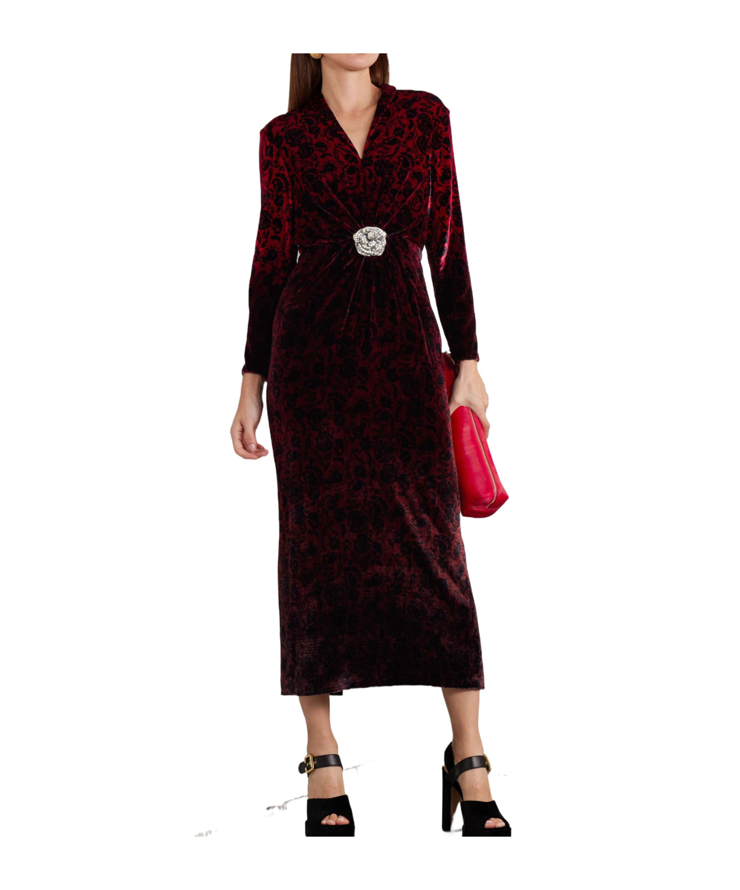 SALONI Saloni Gathered Printed Velvet Midi Dress