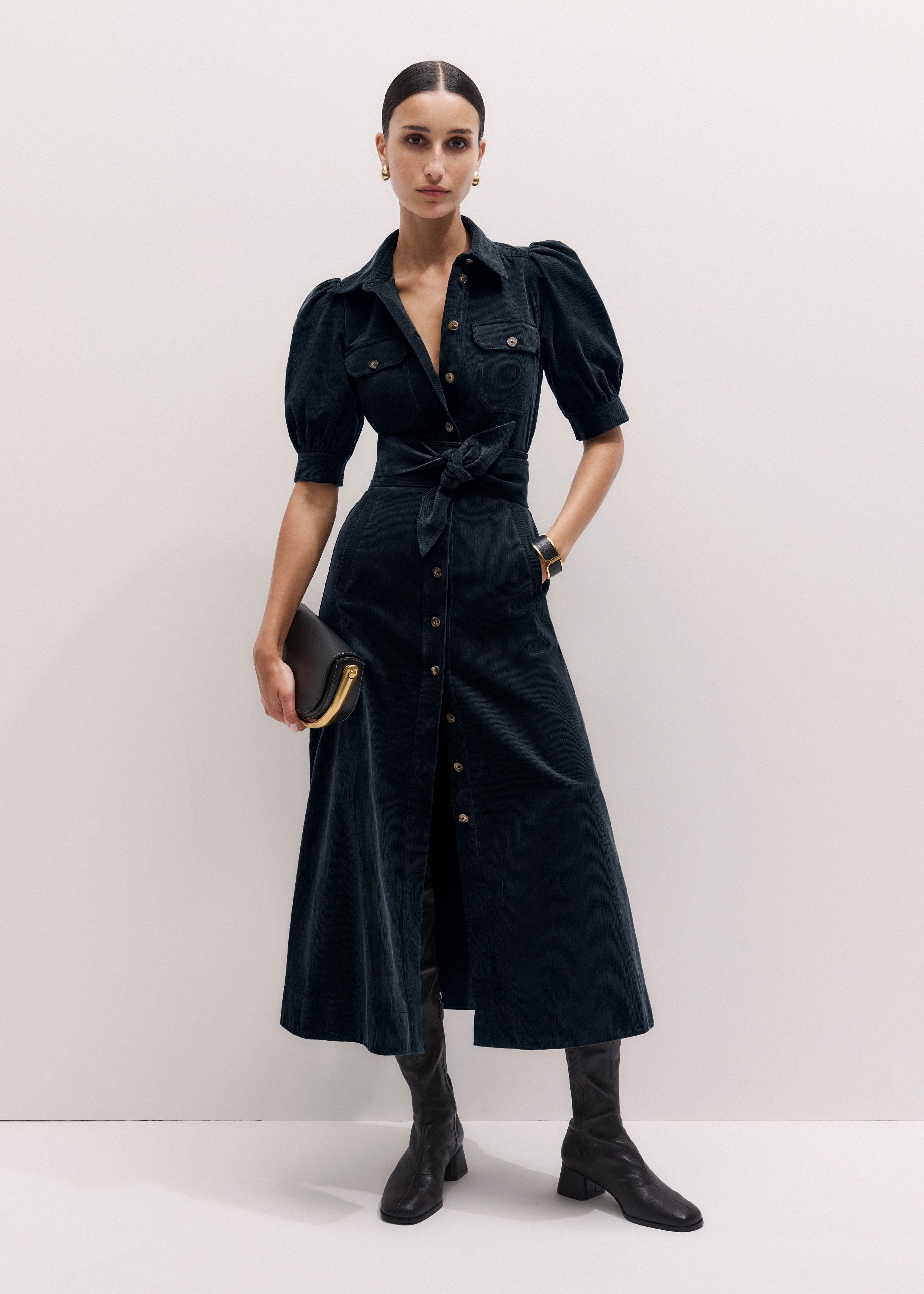 ME+EM ME+EM Cord Fit and Flare Maxi Shirt Dress with Tie