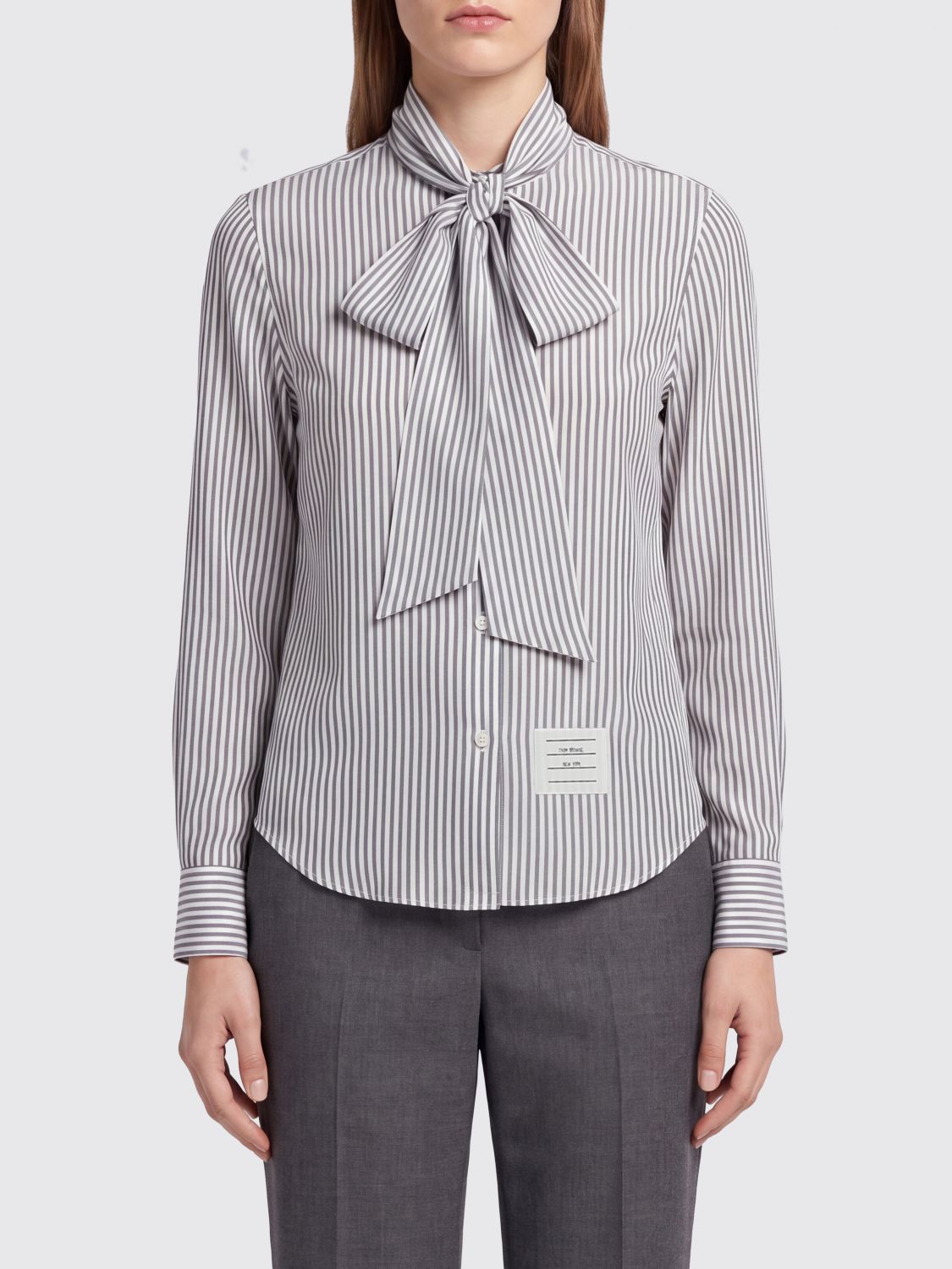 THOM BROWNE Thom Browne Striped Silk Blouse with Pussy-Bow Neck