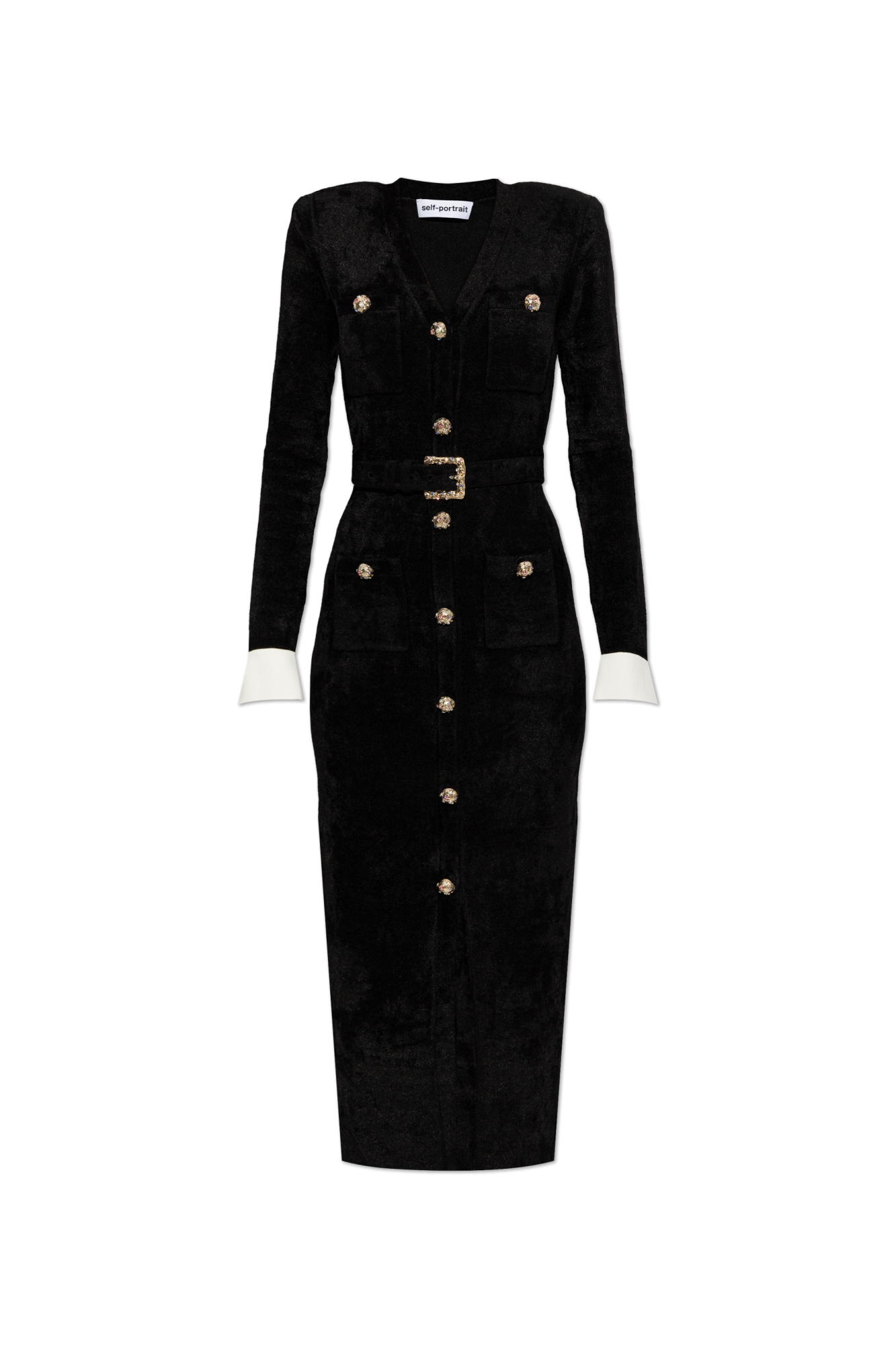 SELF-PORTRAIT Self-Portrait Long Sleeve Midi Knit Dress with Embellished Buttons