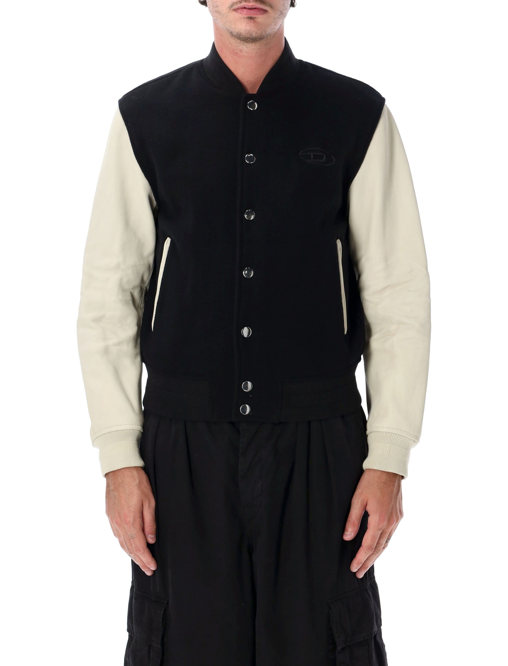 DIESEL® DIESEL Wool-Blend Bomber Jacket with Leather Sleeves