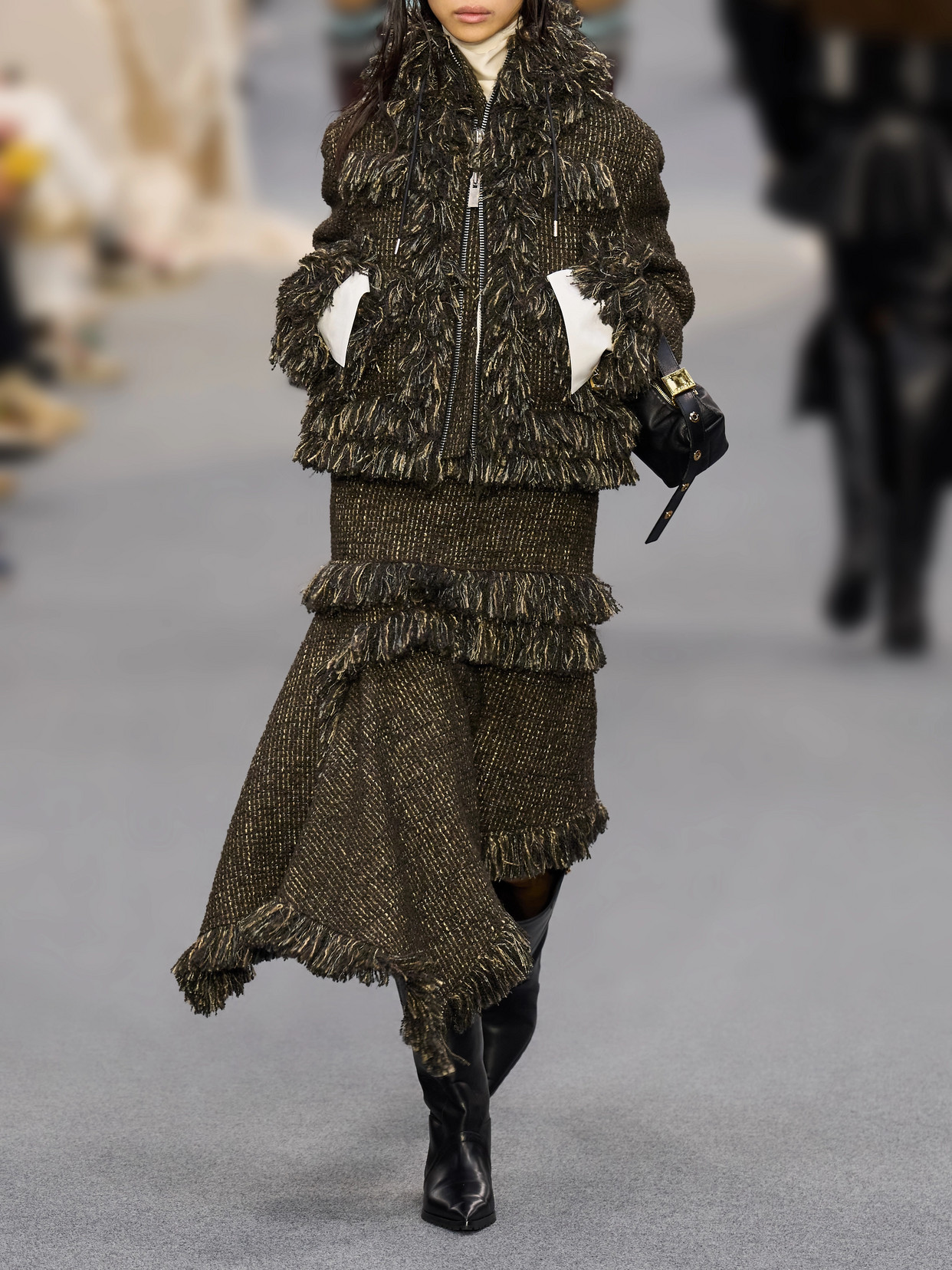 SACAI Sacai Fringed Wool-Blend Tweed Midi Skirt