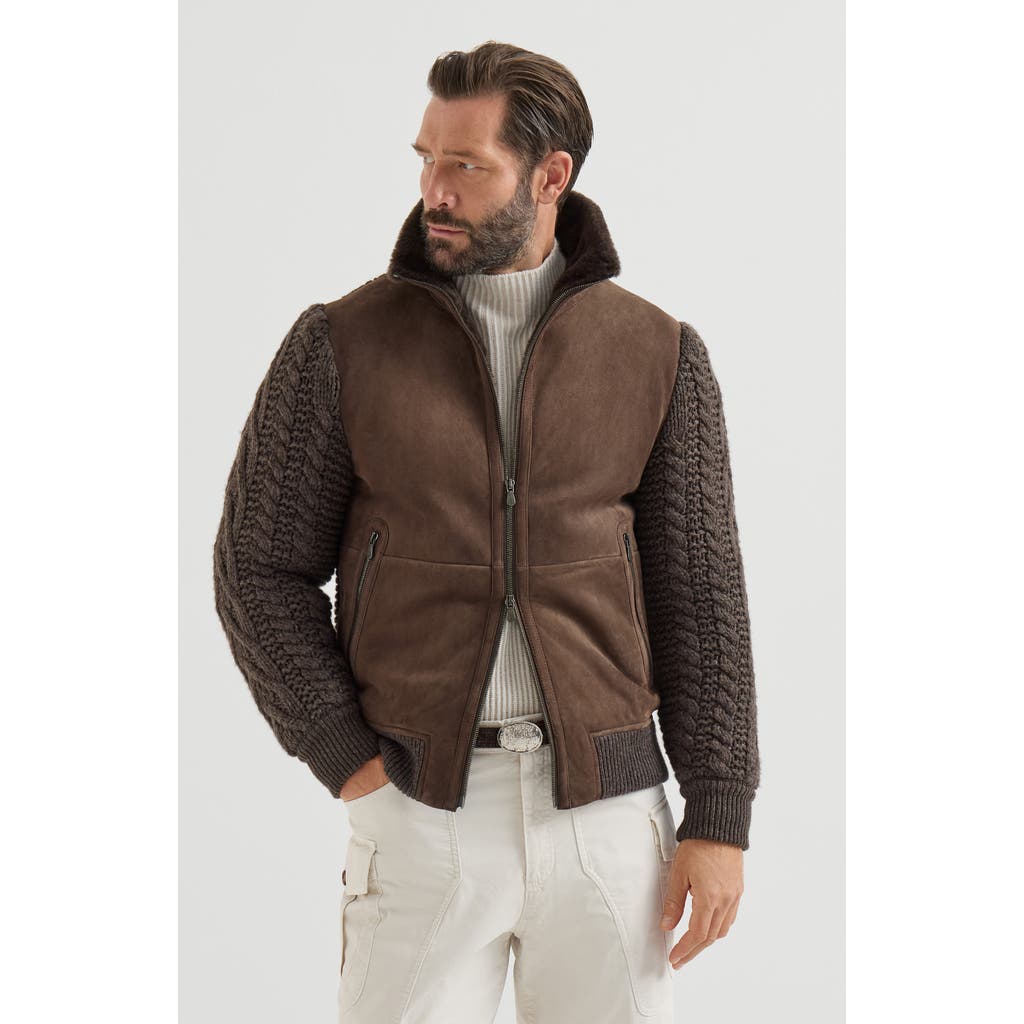 BRUNELLO CUCINELLI Brunello Cucinelli Suede Shearling and Cashmere Knit Bomber Jacket with Thermore® Padding