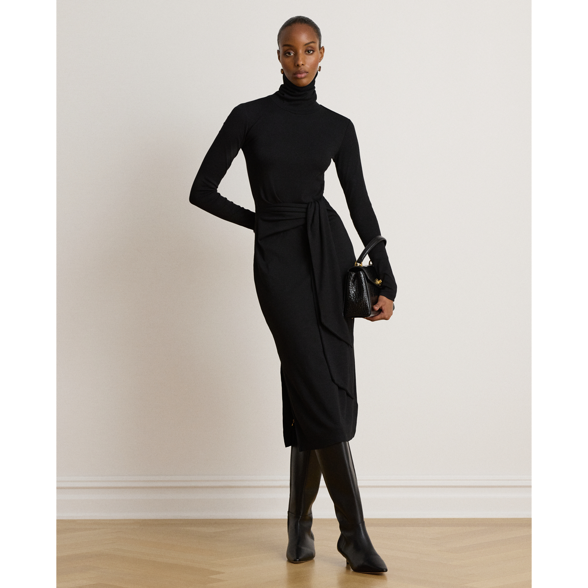 RALPH LAUREN Ralph Lauren Tie-Front Ribbed Turtleneck Midi Dress