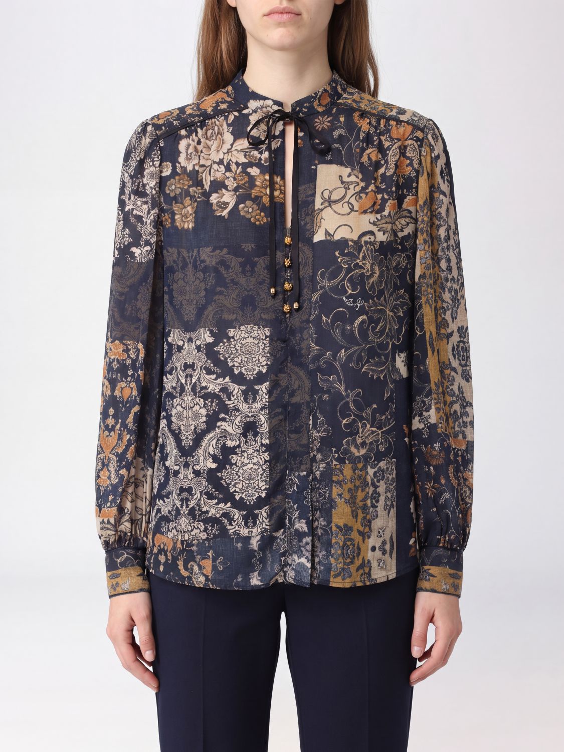 LIU JO Liu Jo Viscose Shirt with Ethnic Print and Mandarin Collar
