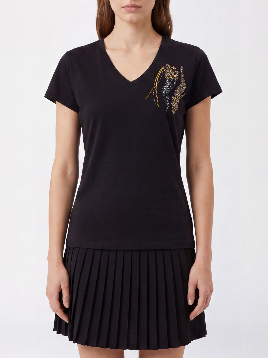 LIU JO Liu Jo Slim Fit V-Neck Cotton T-Shirt with Rhinestone Embroidery