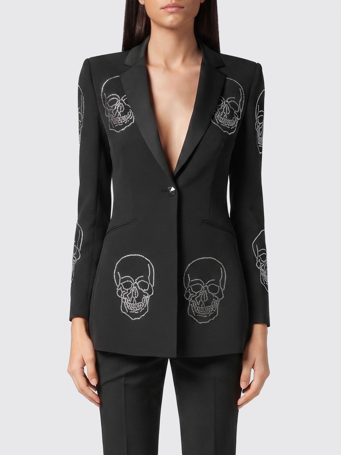 PHILIPP PLEIN slim fit single-breasted cropped crêpe blazer with skull print and rhinestones