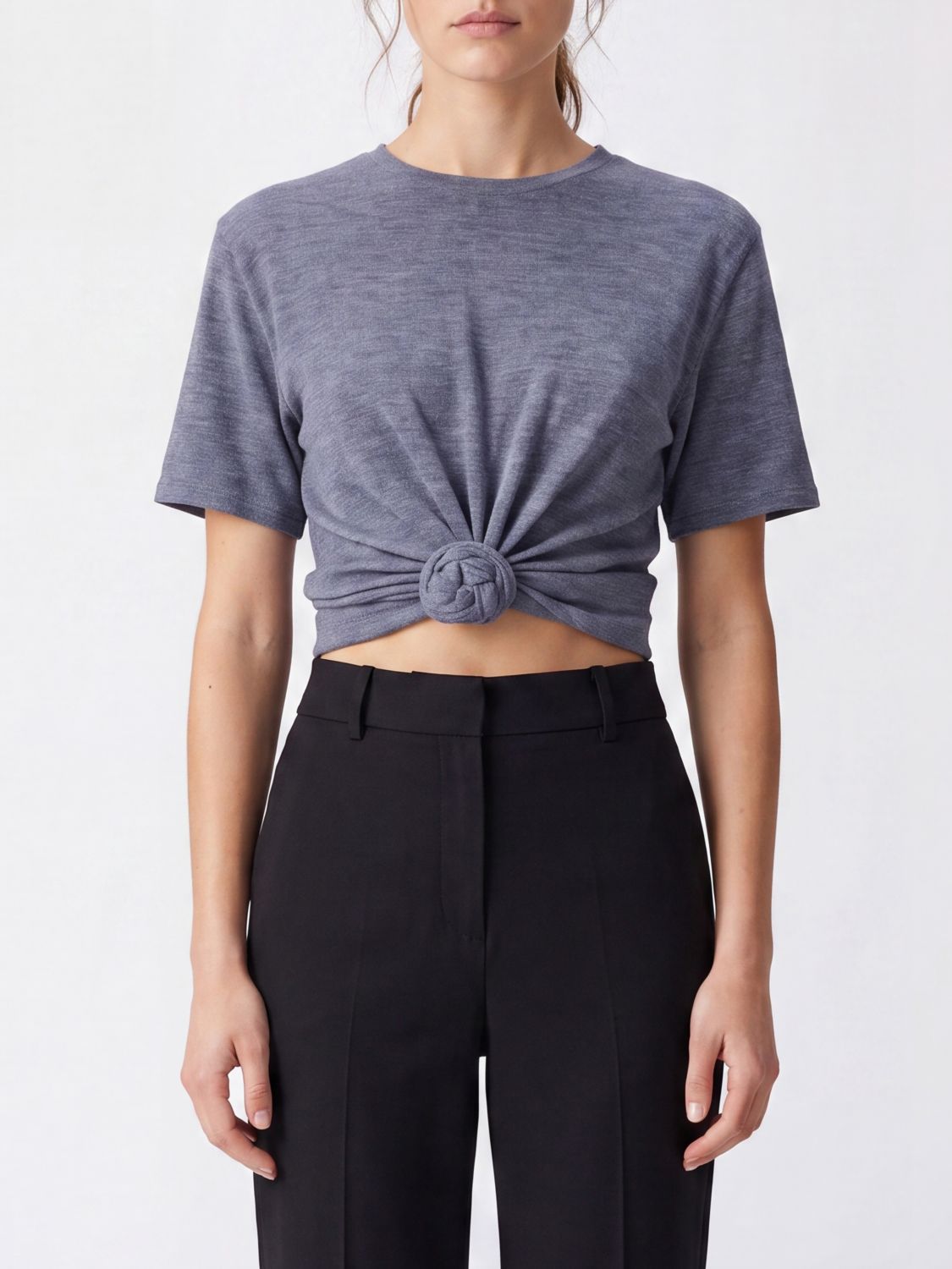 MAGDA BUTRYM Magda Butrym Wool T-Shirt with Flower Appliqué and Tie-Hem