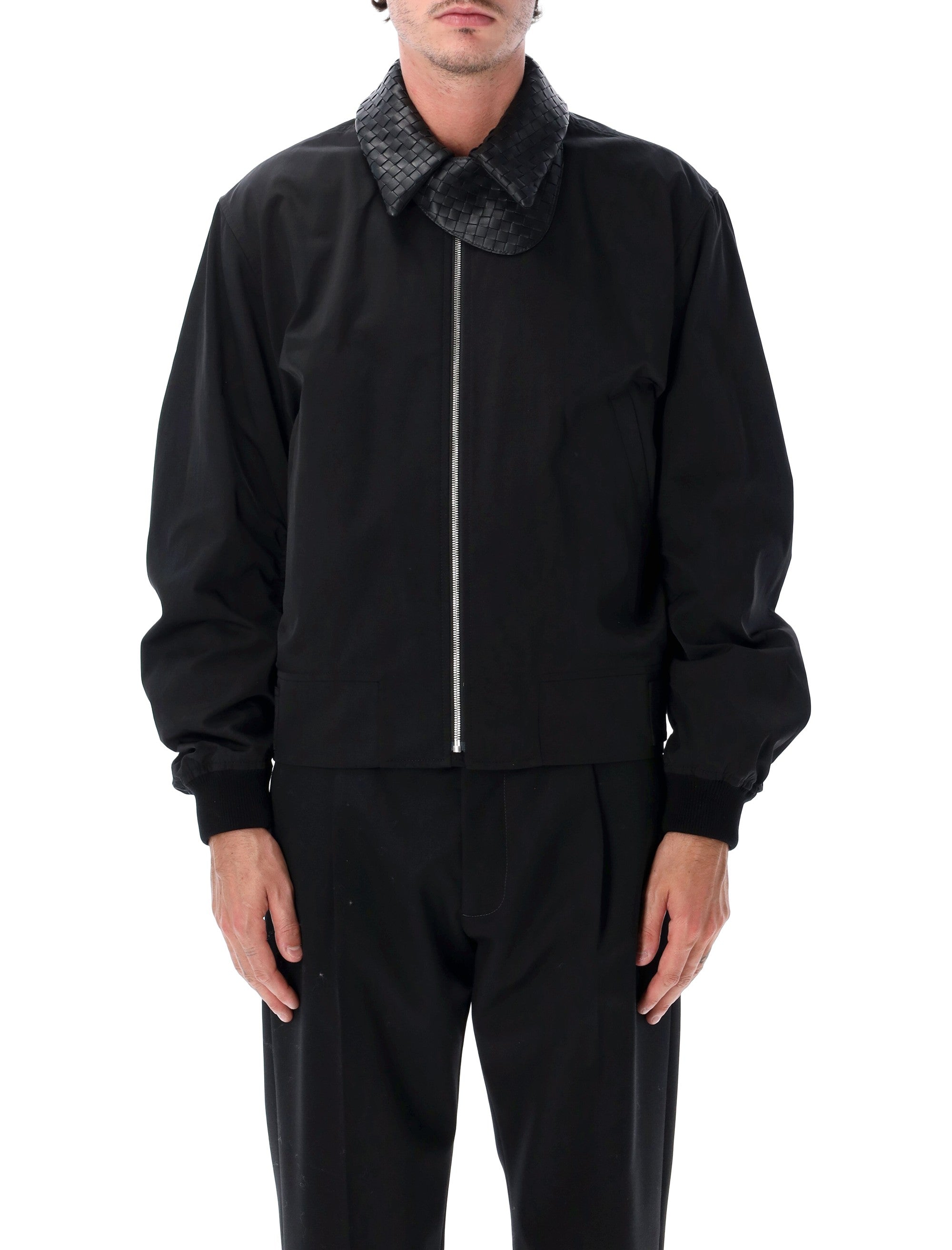 BOTTEGA VENETA Bottega Veneta Twill Blouson Jacket with Woven Leather Collar