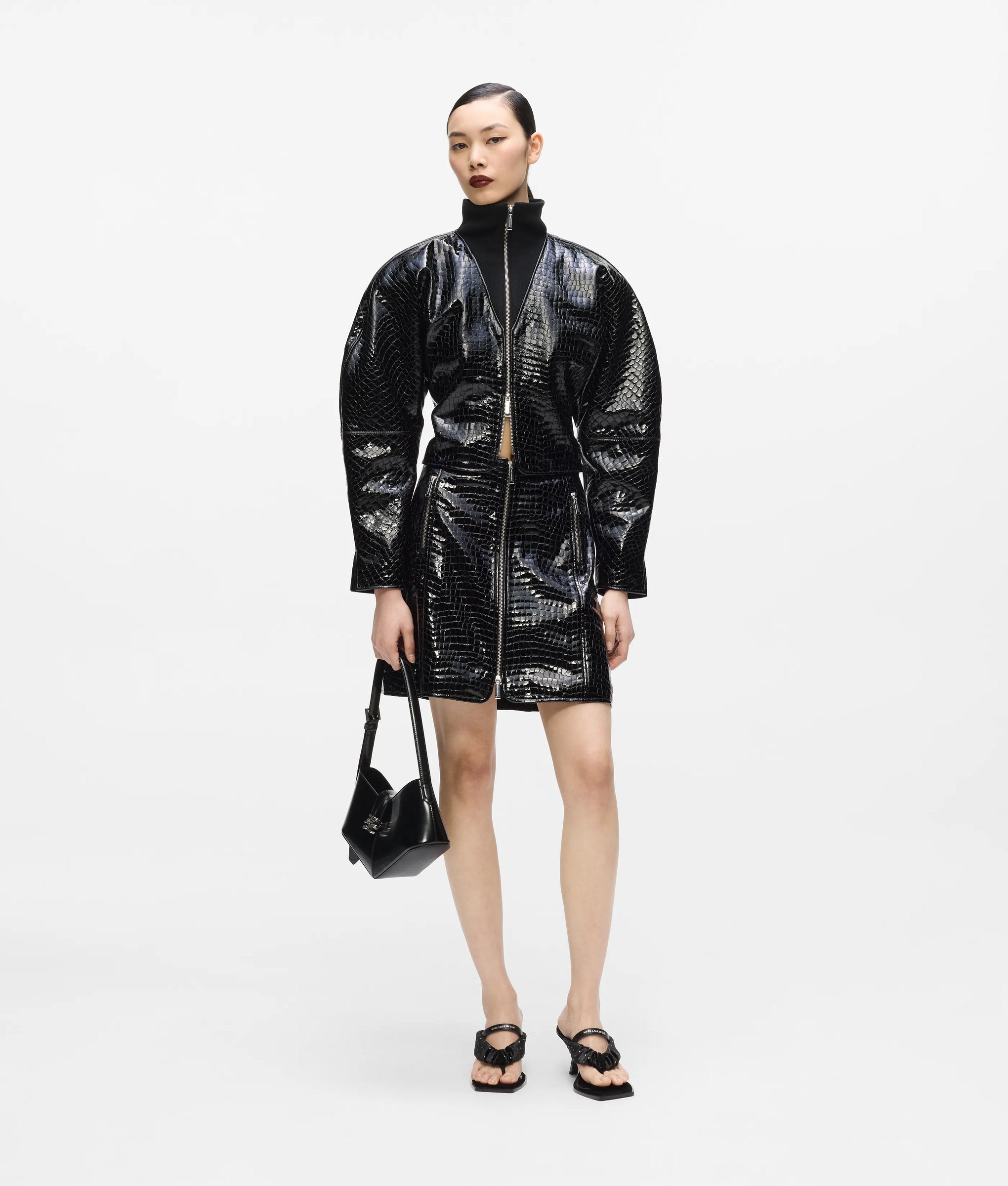 KARL LAGERFELD Karl Lagerfeld Croc-Embossed Lambskin Skirt with Front Zip