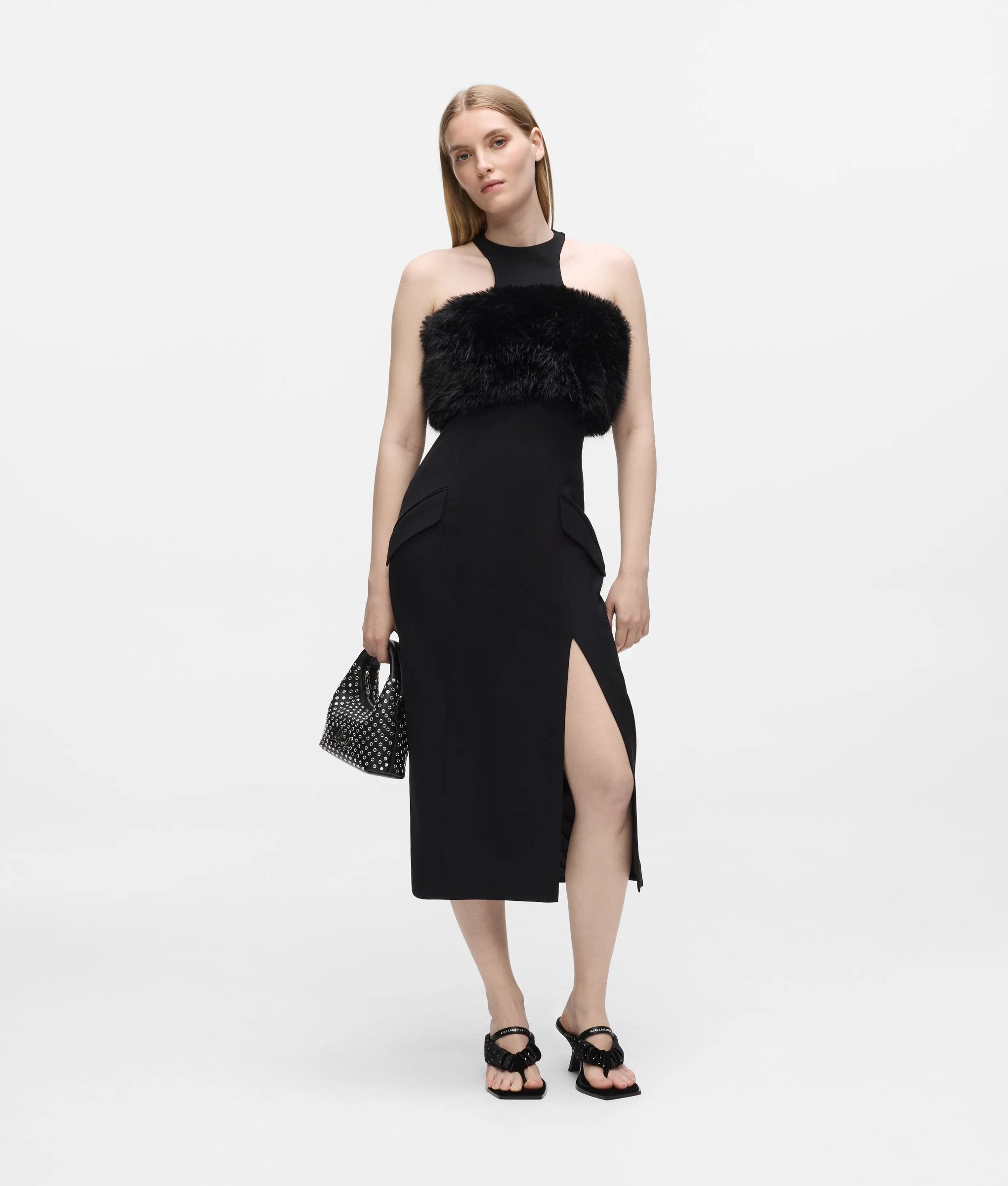 KARL LAGERFELD Karl Lagerfeld Faux-Fur Trim Midi Dress
