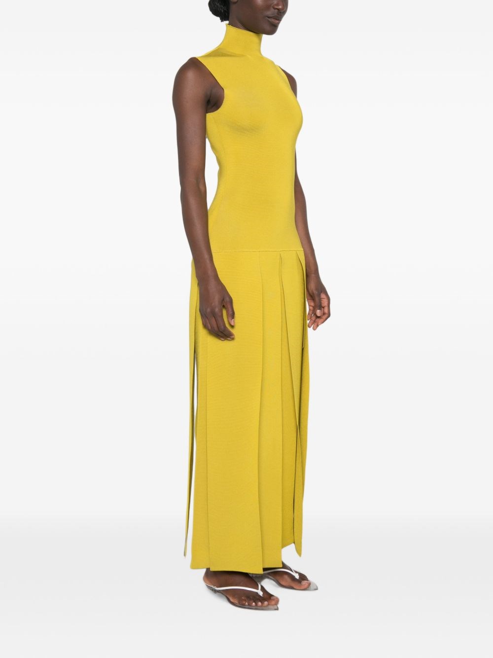 ALAÏA Alaïa High Neck Sleeveless Maxi Dress with Pleated Skirt and Side Slit