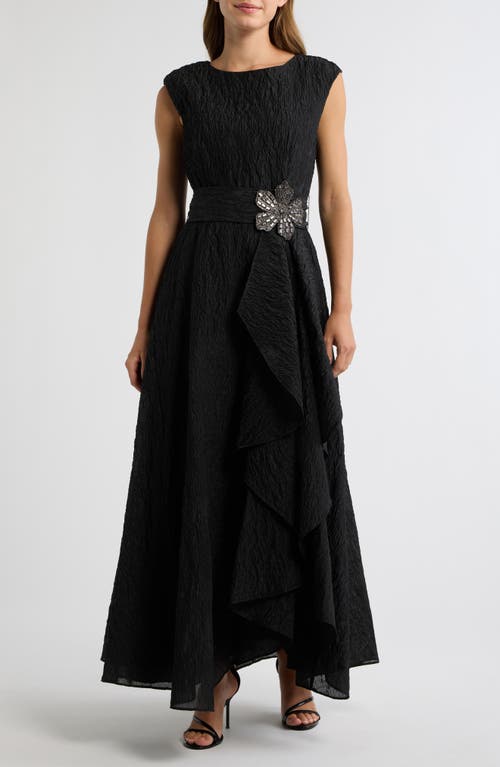 TAHARI ASL Crinkle Taffeta Gown with Embellished Waistline Bloom