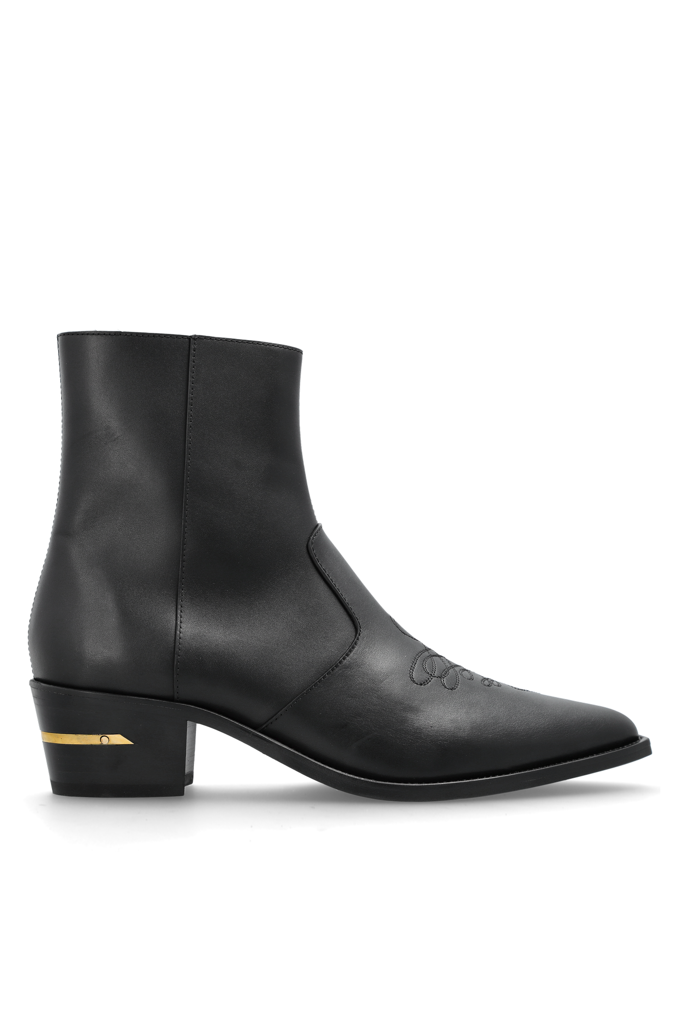 AMIRI Amiri Leather Pointed Toe Zip Up Ankle Boots with Gold Tone Detail
