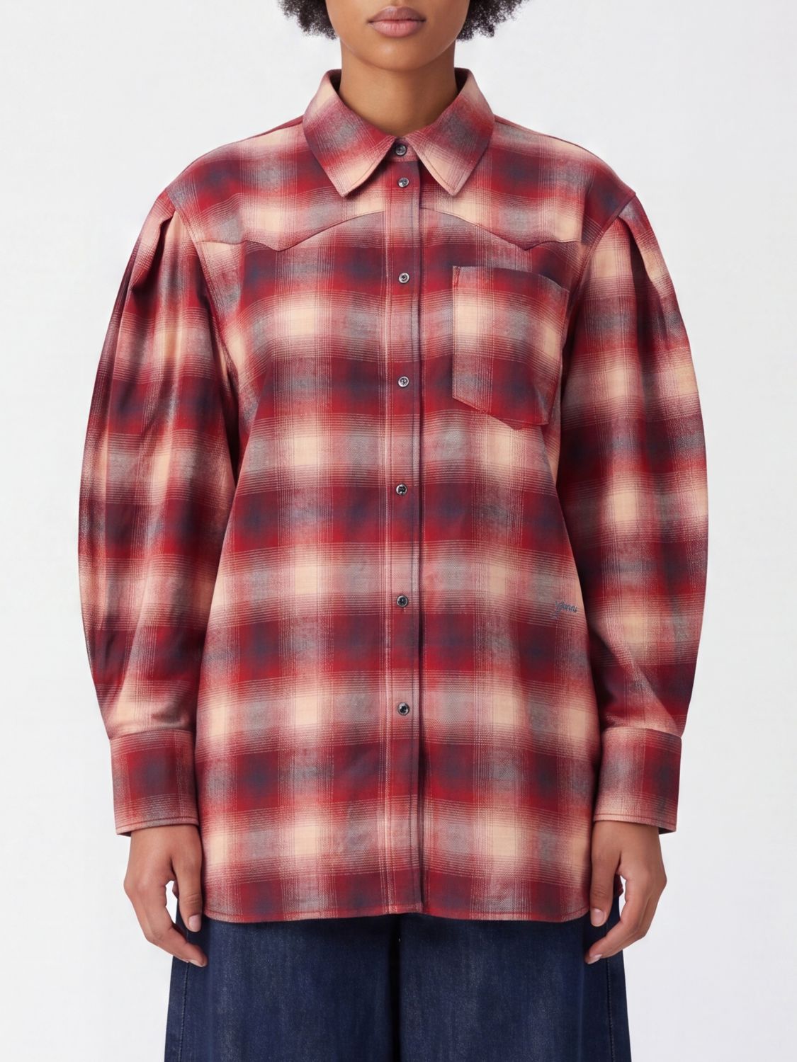 GANNI Ganni Check Cotton Flannel Shirt with Balloon Sleeves