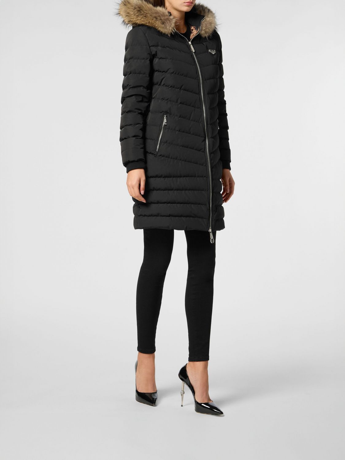 PHILIPP PLEIN Philipp Plein Quilted Nylon Hooded Puffer Jacket with Fur Collar