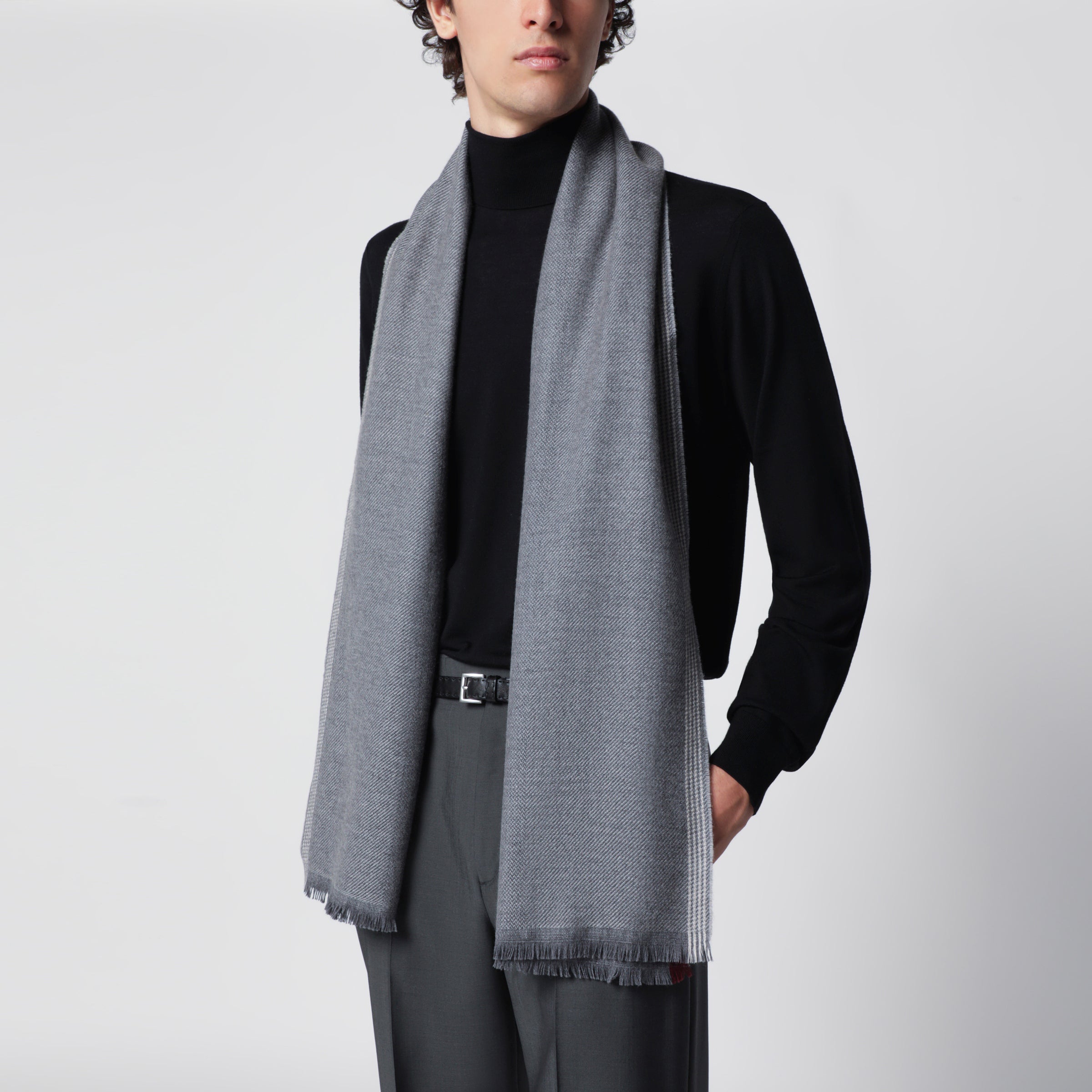 BRUNELLO CUCINELLI Dark grey/burgundy/sand scarf in wool and cashmere