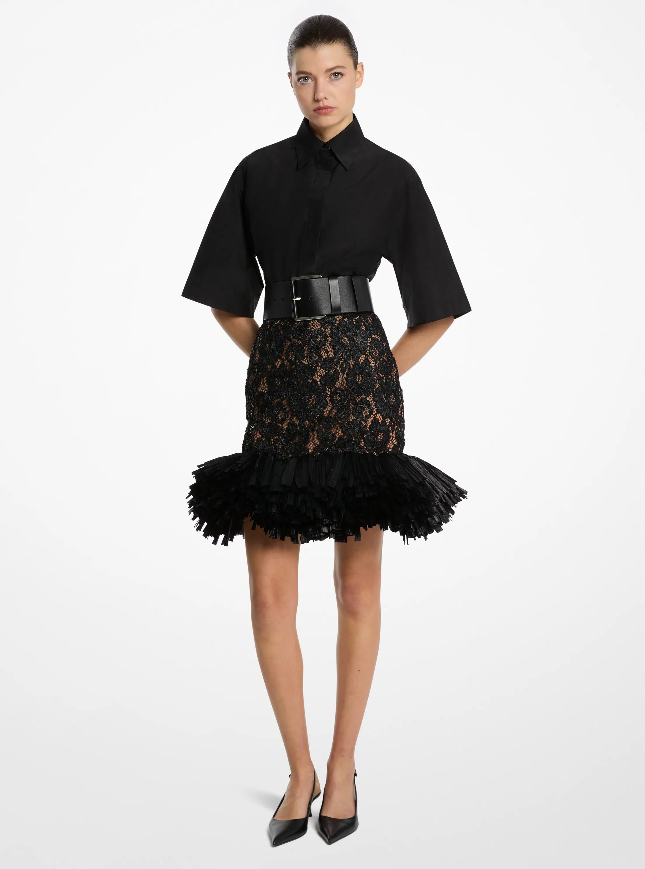 MICHAEL KORS Michael Kors Collection Hand-Embroidered Floral Lace and Fringe Skirt