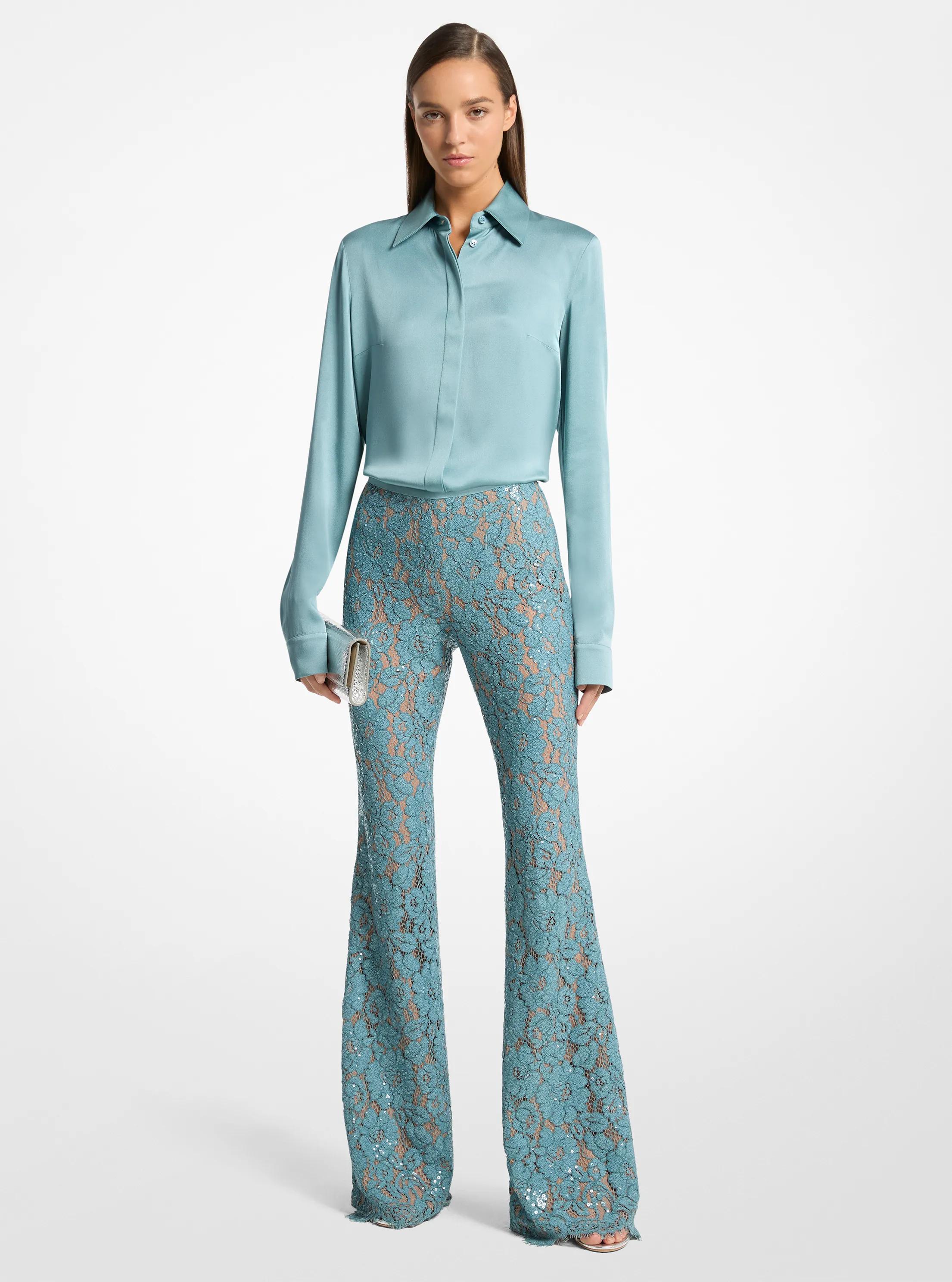 MICHAEL KORS Michael Kors Collection Hand-Embroidered Sequin Floral Lace Flared Pants