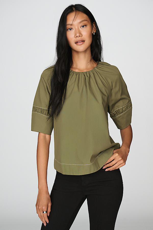MAEVE Maeve 100% Cotton Smocked Yoke Puff Sleeve Blouse